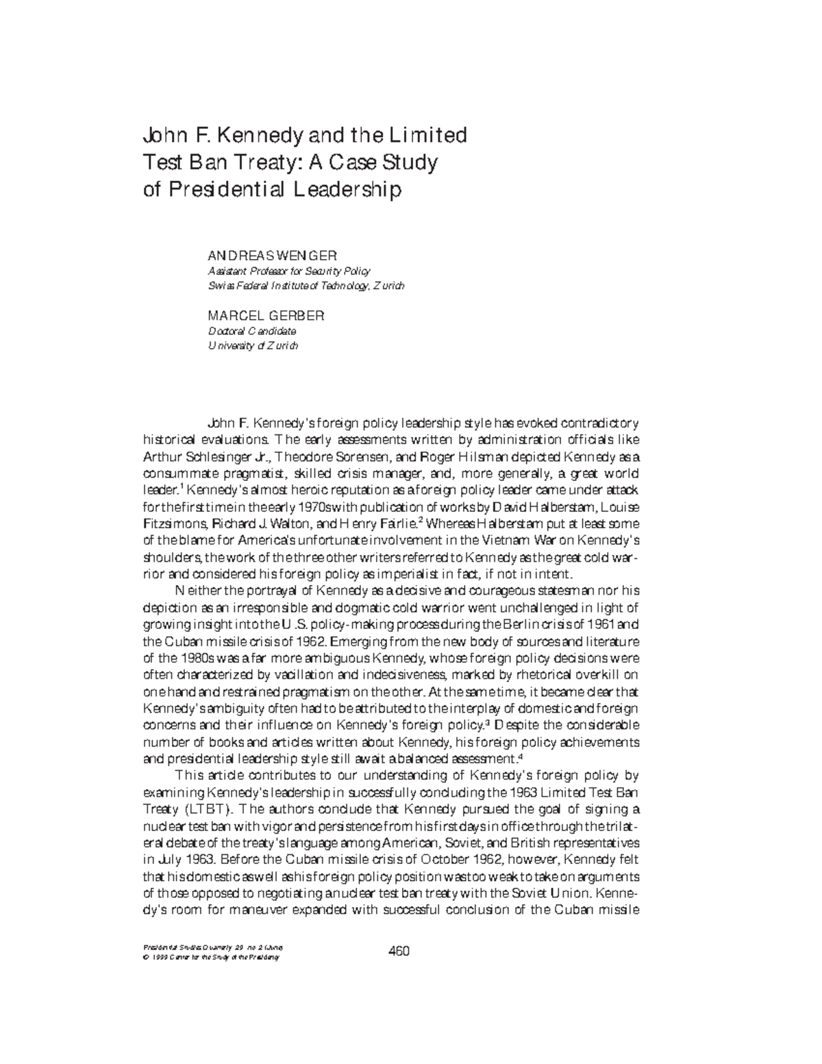 Wenger 1999 - PRESIDENTIAL STUDIES QUARTERLYKENNEDY AND THE LIMITED ...