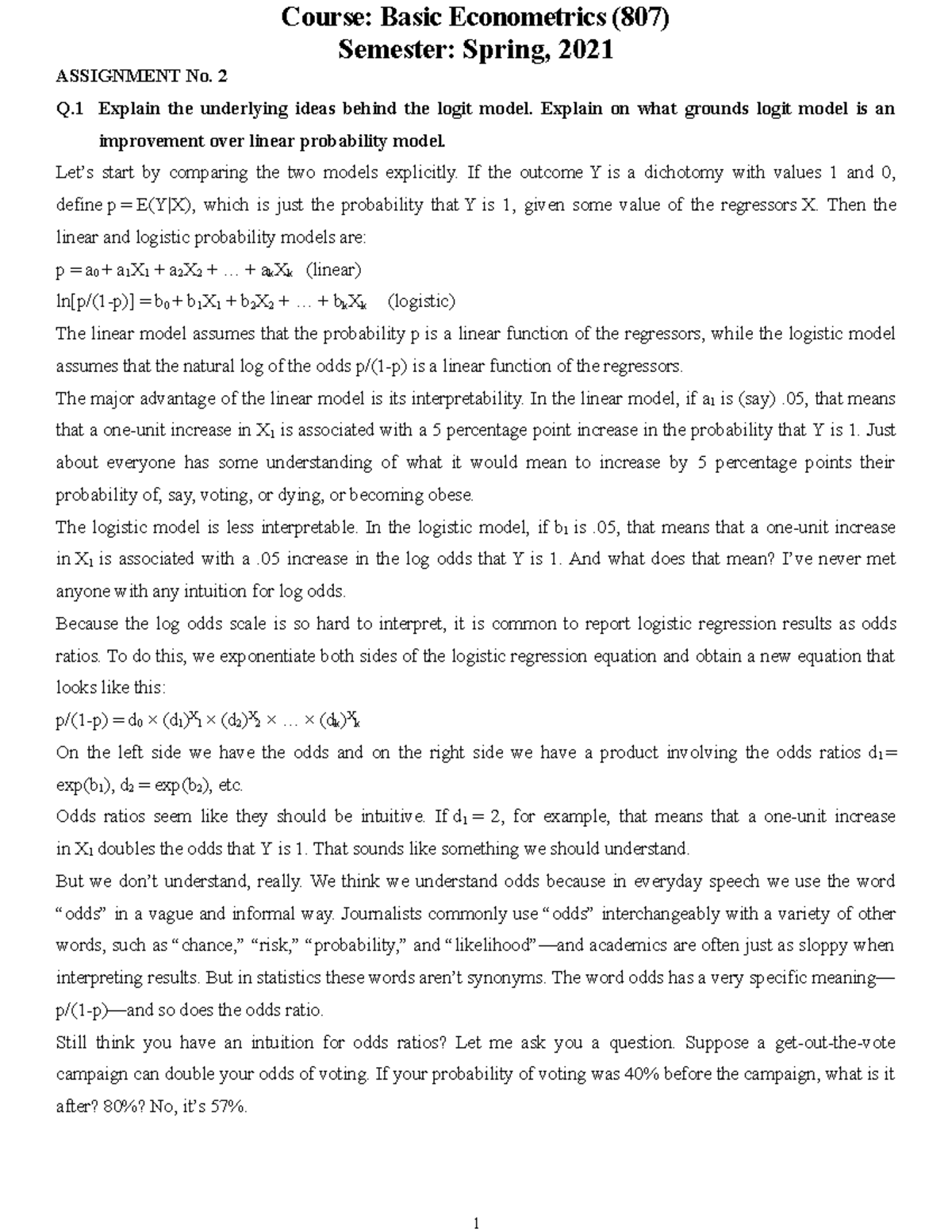807-2 - Assignment - Semester: Spring, 2021 ASSIGNMENT No. 2 Q Explain ...