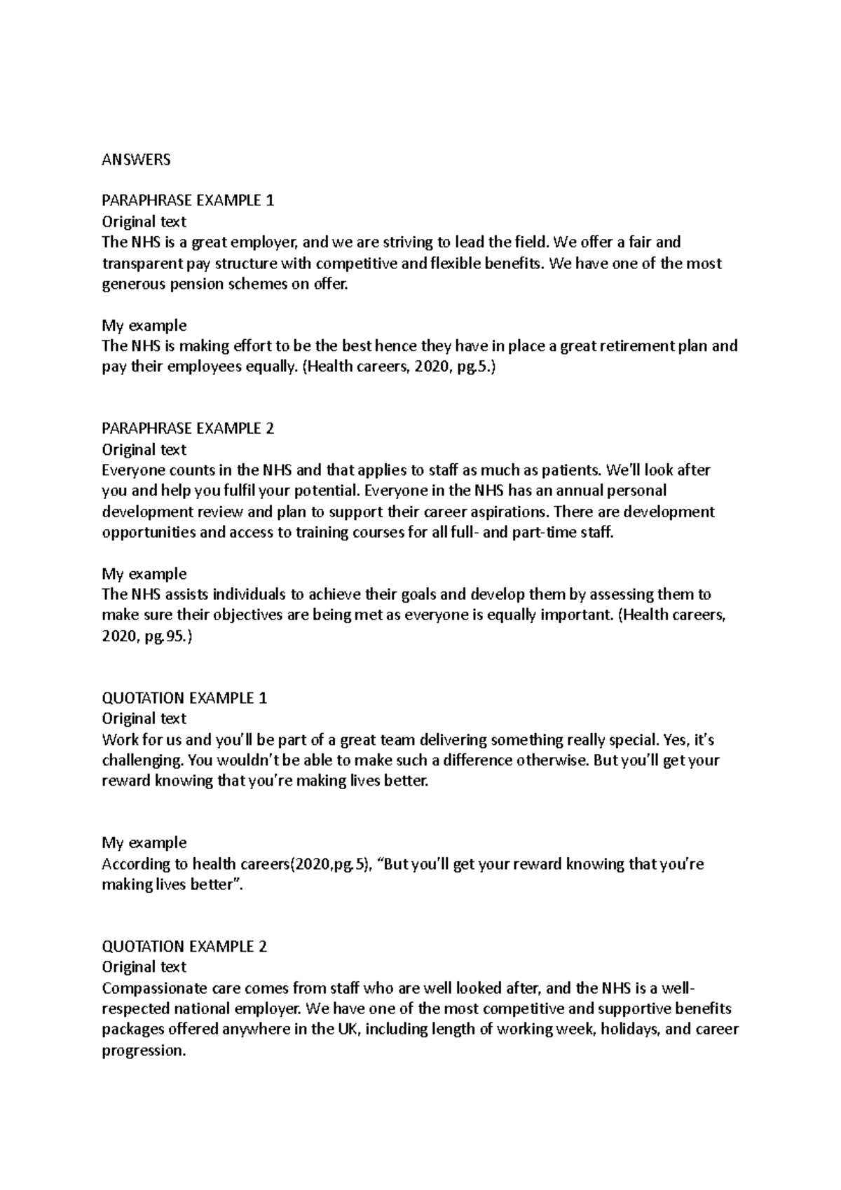 Academic writing skills copy - ANSWERS PARAPHRASE EXAMPLE 1 Original ...