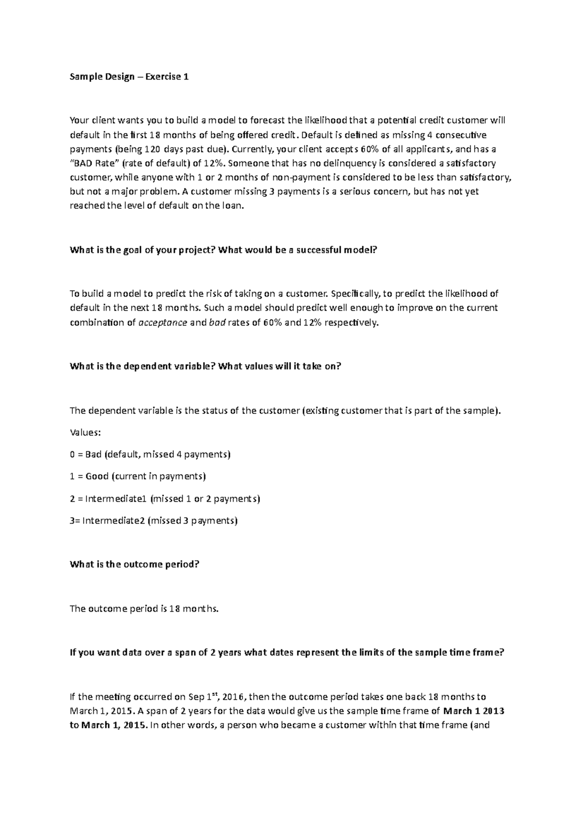 Datamining sample exercises - Sample Design Exercise 1 Your client ...