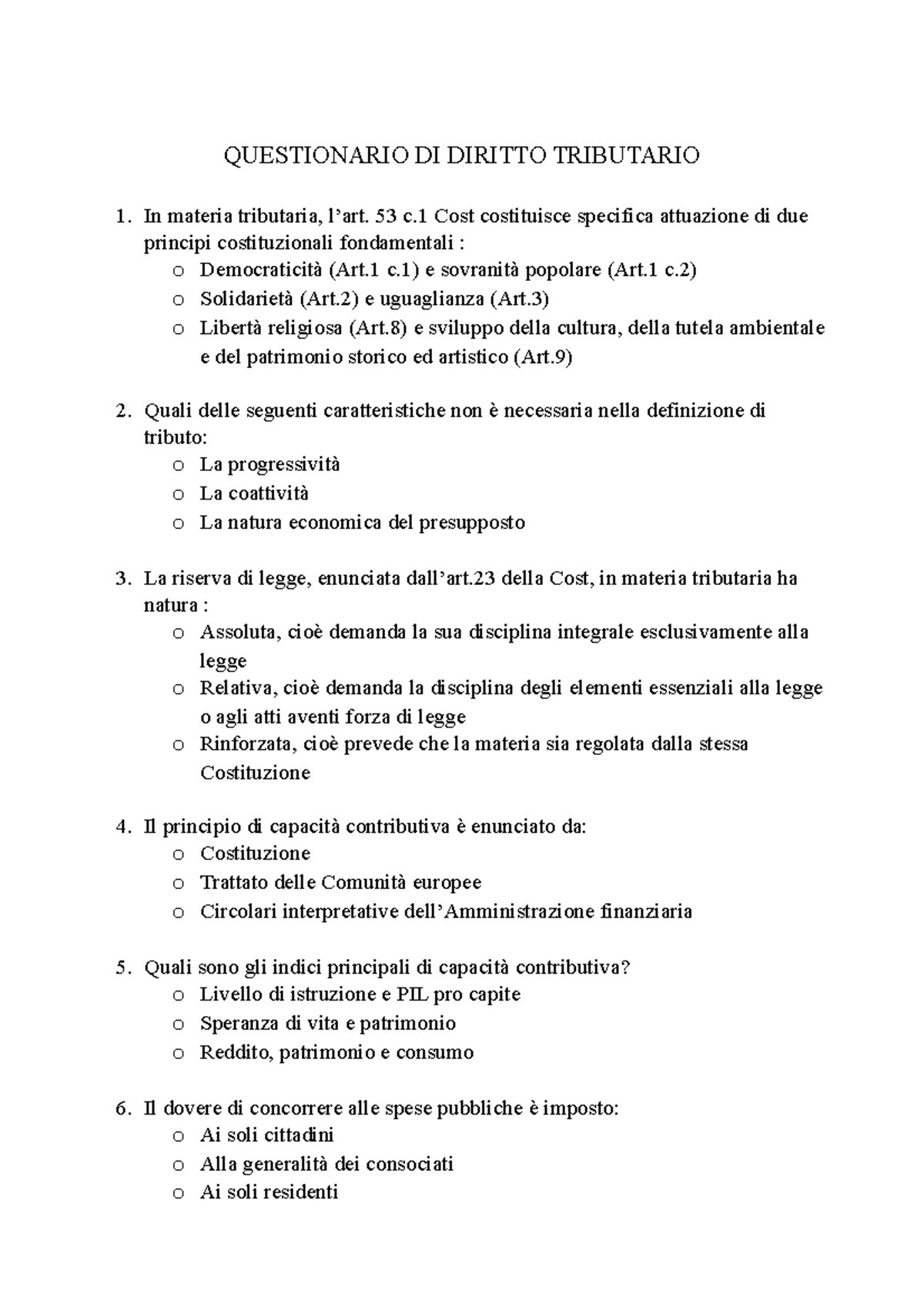 Questionario Diritto Tributario 1 - QUESTIONARIO DI DIRITTO TRIBUTARIO ...
