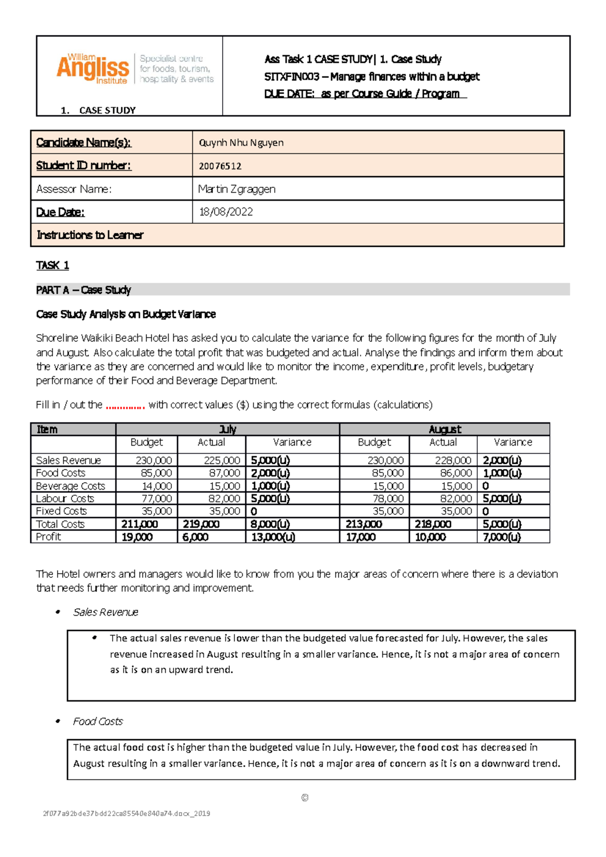 Case Study Part A - 1. CASE STUDY SITXFIN003 – Manage finances within a ...