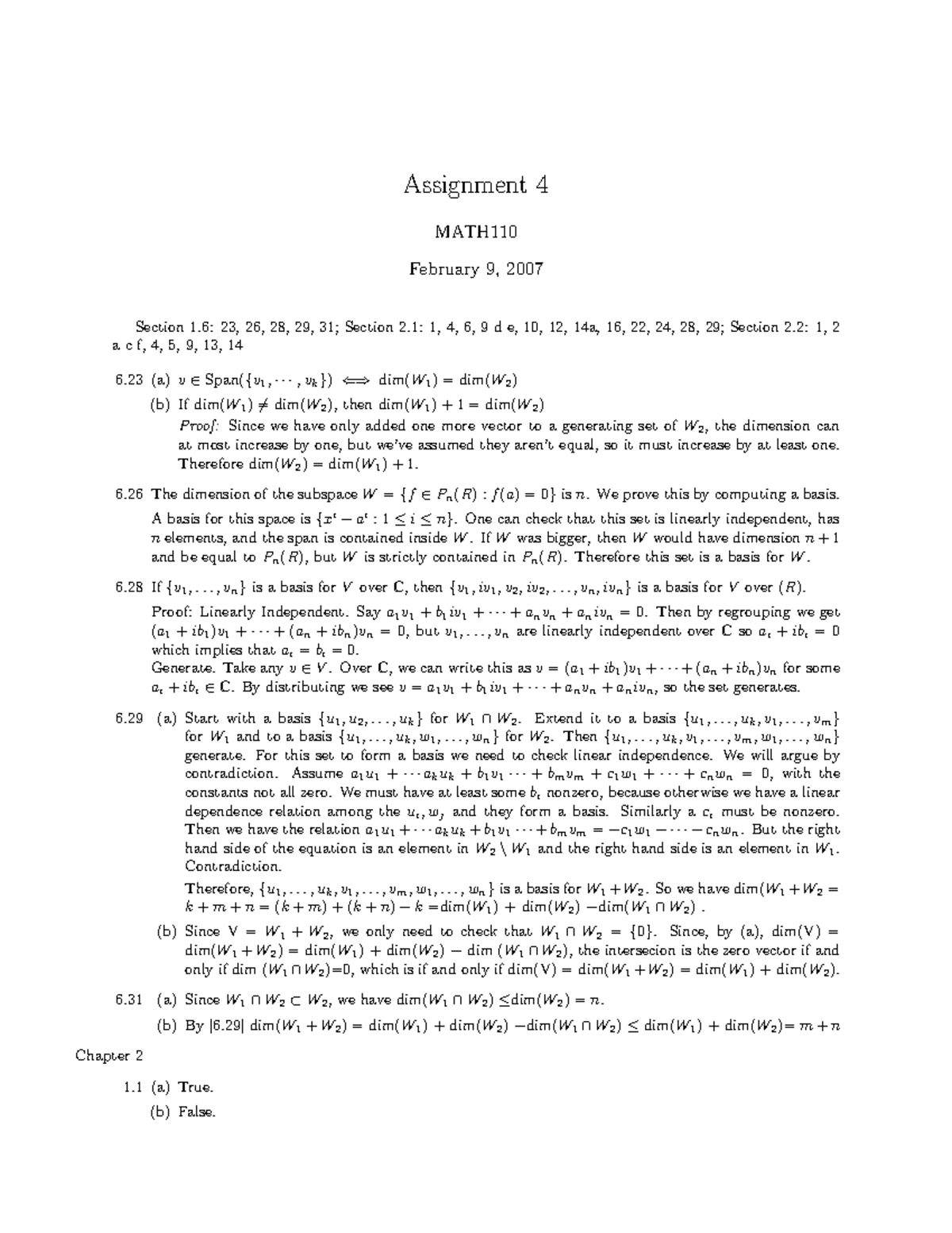 110HW4 - Arthur Ogus, Spring 2007 - Assignment 4 MATH110 February 9 ...