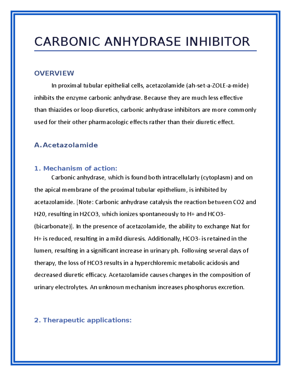 AN Overview OF Acetazolamide DRUG - CARBONIC ANHYDRASE INHIBITOR ...