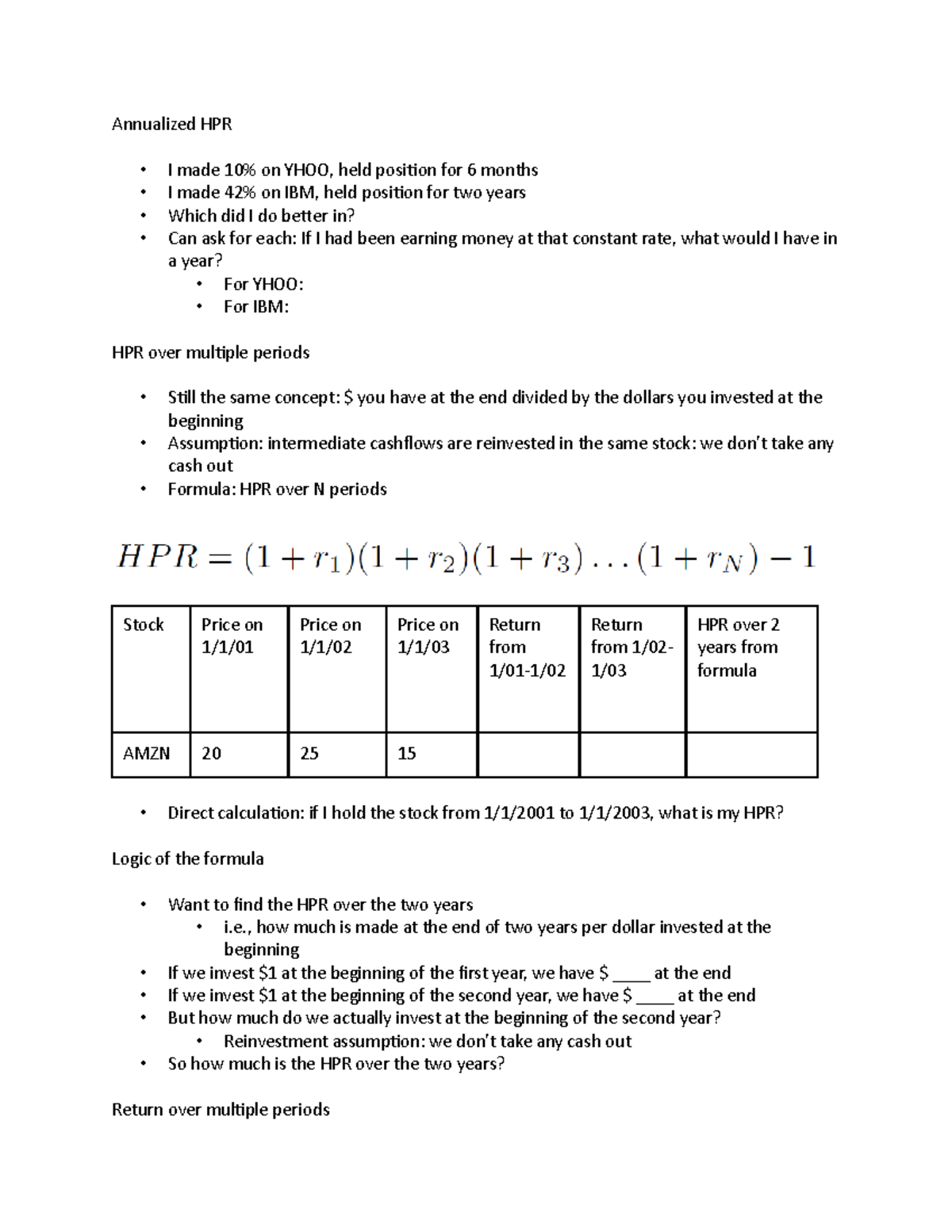 Annualized HPR - Lecture notes 5 - Annualized HPR I made 10% on YHOO ...