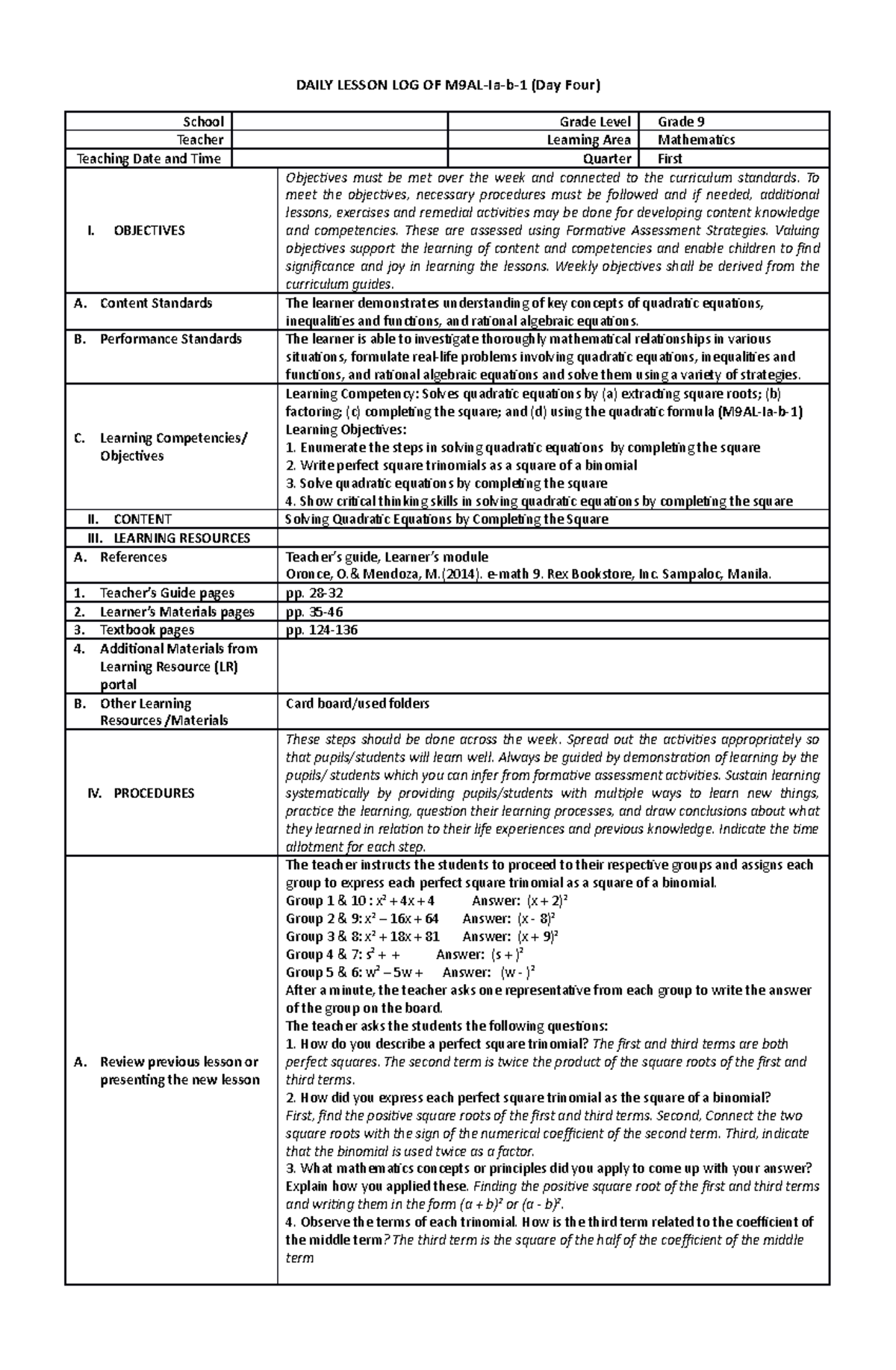 I-Day 4 - Lesson plan for grade 9 first quarter - DAILY LESSON LOG OF ...