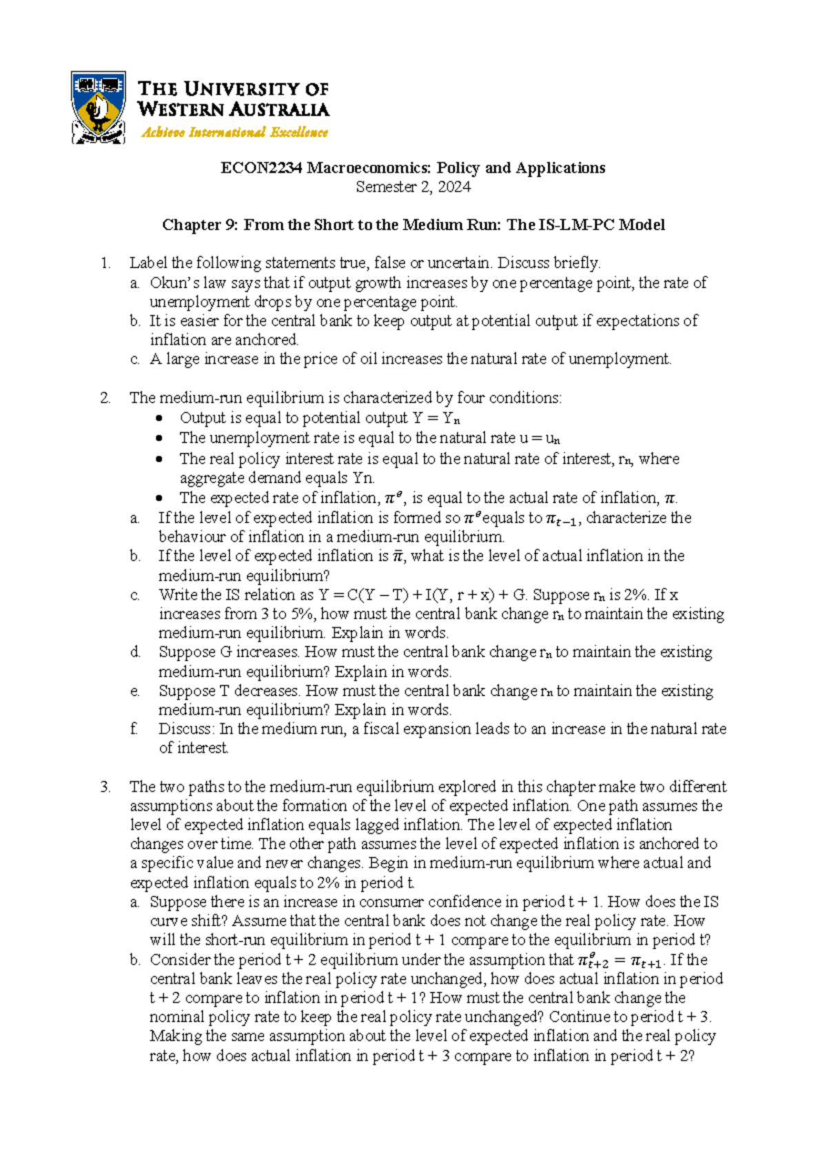 Exercise Questions The IS-LM-PC Model (Tutorial 7 Week 9) - Label the ...