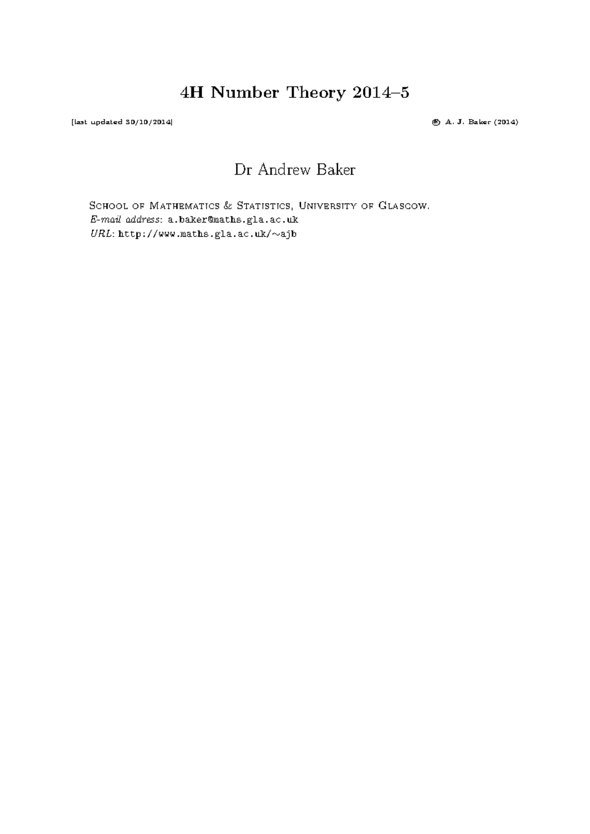 Number Theory Lecture Notes 2015 - 4H Number Theory 2014– [last updated ...