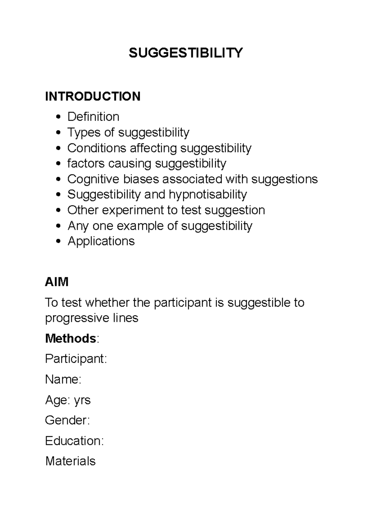 Suggestibility - Experiment - SUGGESTIBILITY INTRODUCTION Definition ...