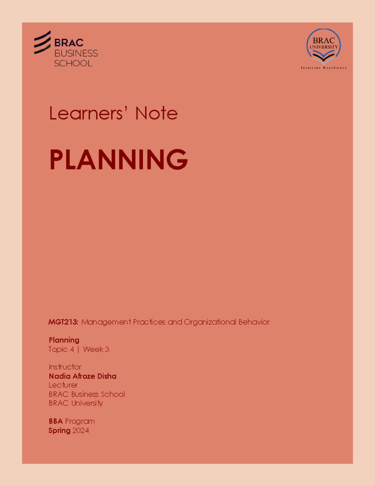 NOTE 4 - Learners’ Note PLANNING MGT213: Management Practices and ...