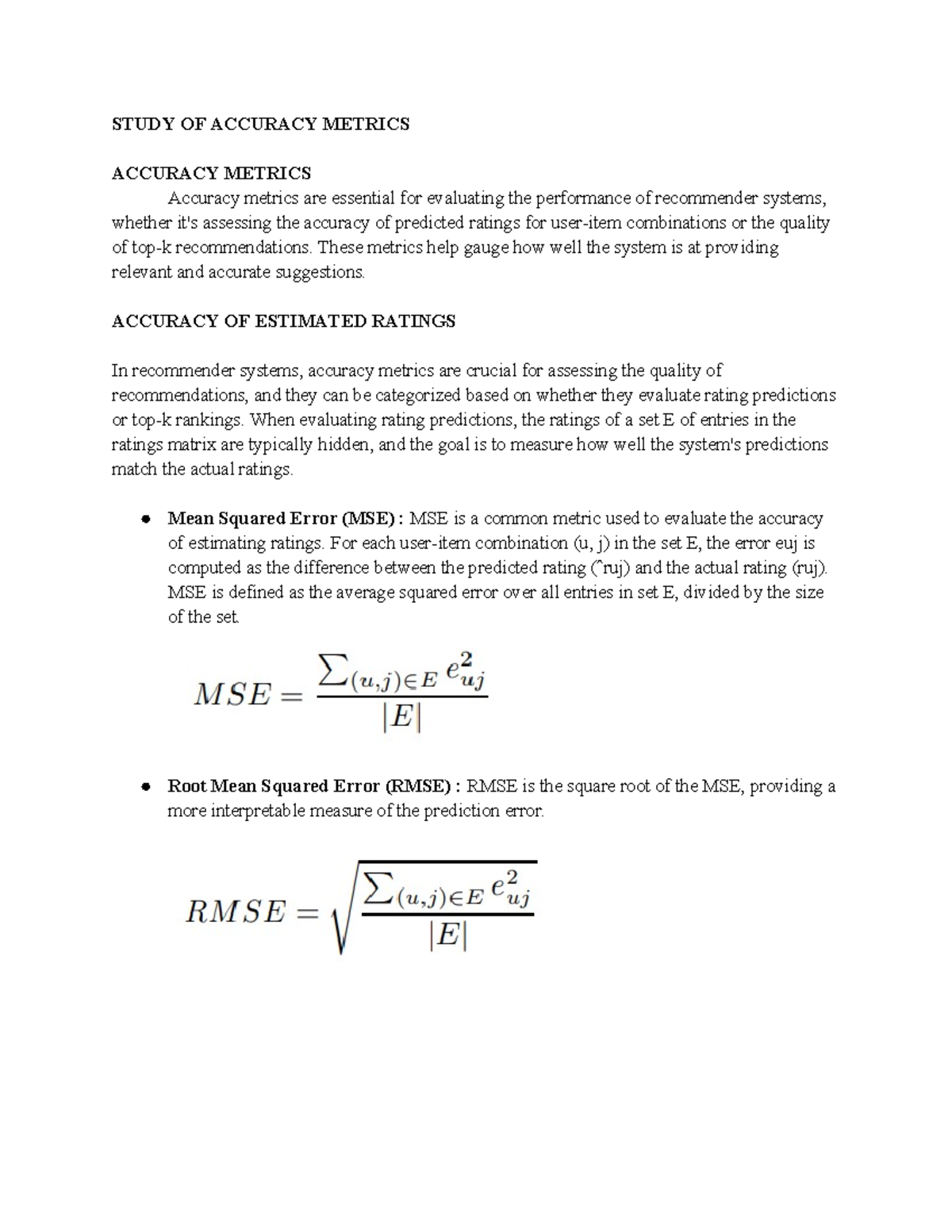 Study OF Accuracy Metrics - STUDY OF ACCURACY METRICS ACCURACY METRICS ...