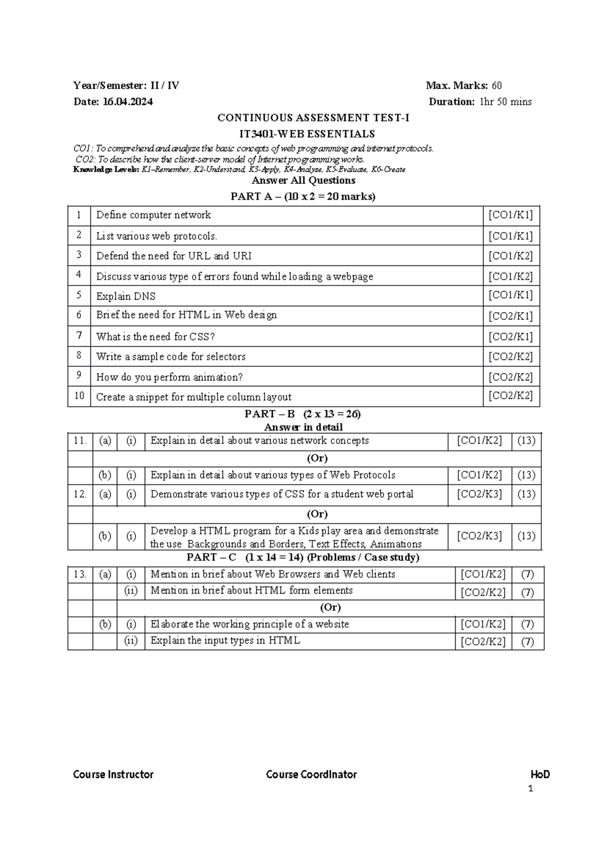 QP WE - Summary Web Essentials - Year/Semester: II / IV Max. Marks: 60 Date: 16.04 Duration: 1hr ...