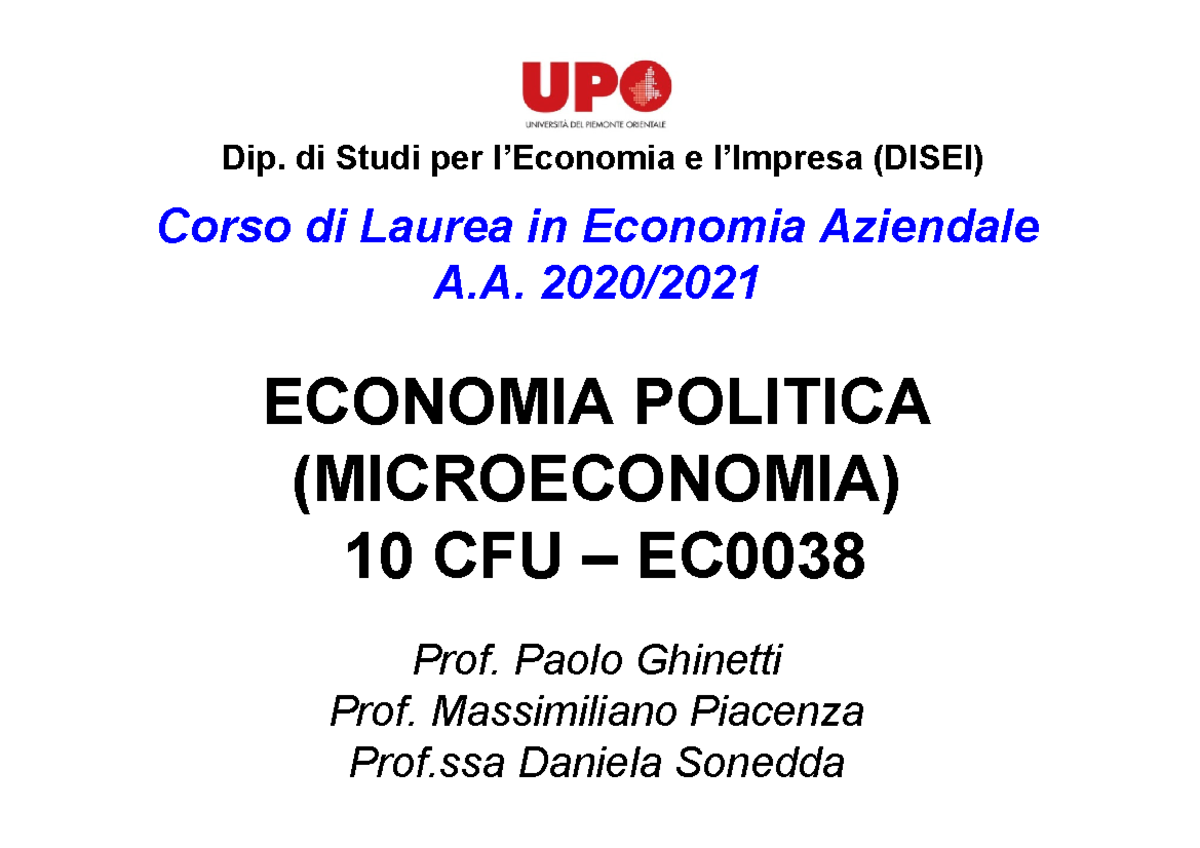 Lezione 1. Pensare da economisti - Dip. di Studi per l’Economia e l ...