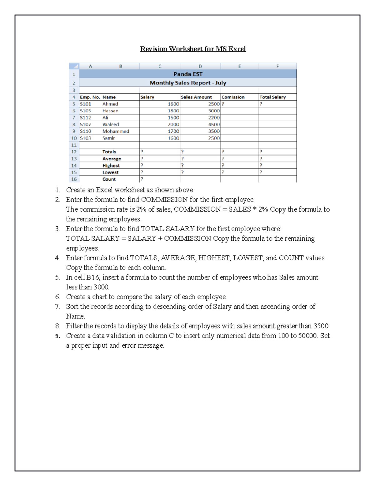 Revision Worksheet For Ms Excel Revision Worksheet For Ms Excel Create An Excel Worksheet As