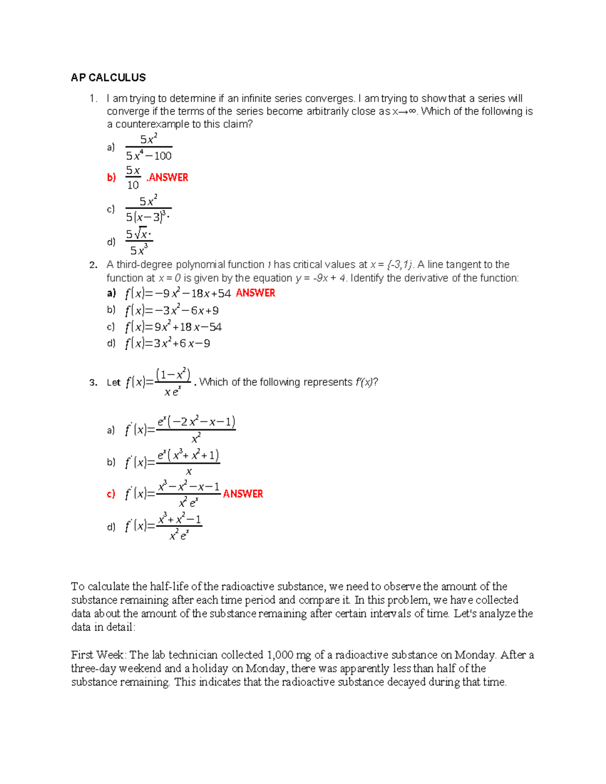 AP Calculus - AP CALCULUS I am trying to determine if an infinite ...