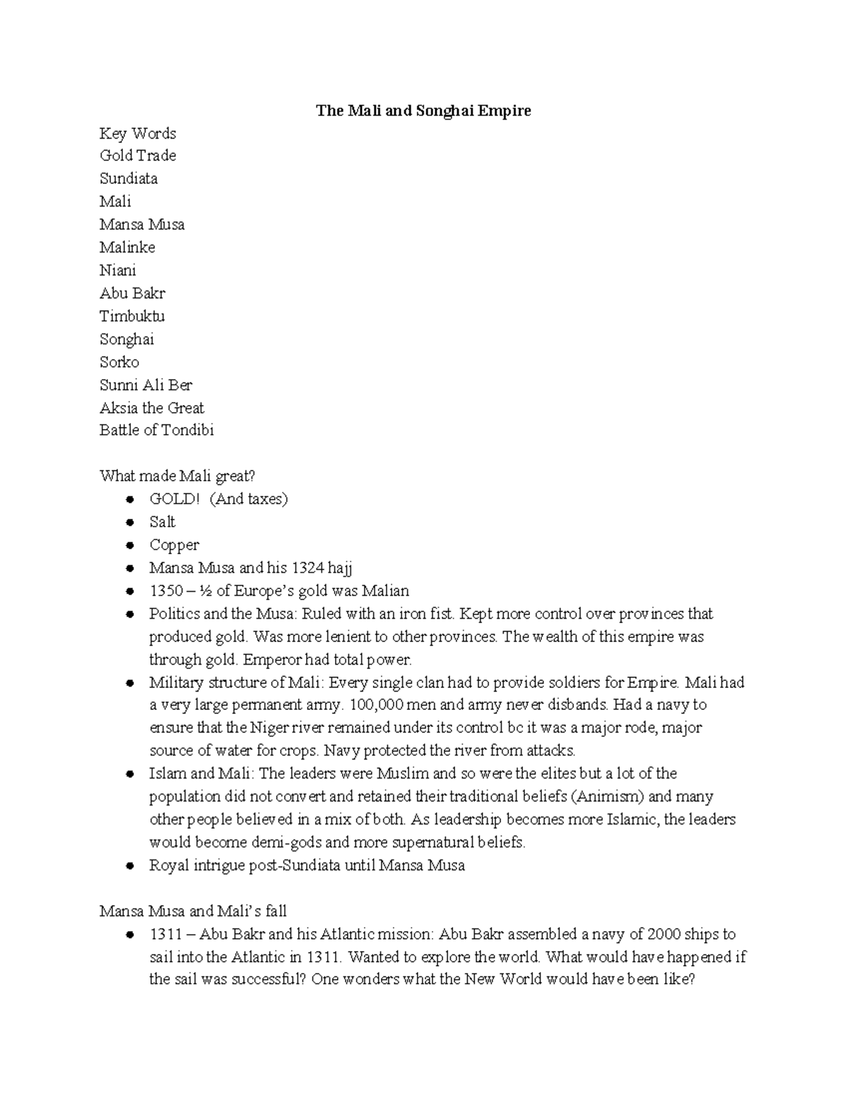 African History Notes Part II - The Mali and Songhai Empire Key Words ...