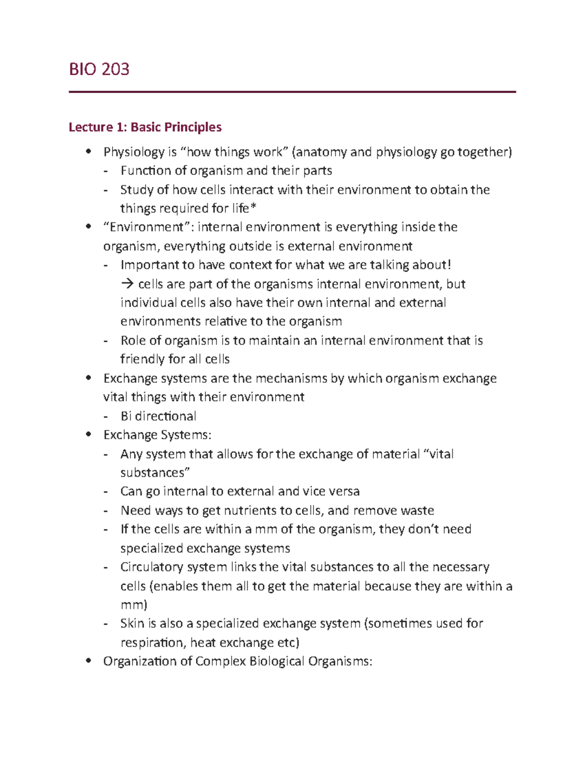 BIO 203 Notes Exam 1 - BIO 203 Lecture 1: Basic Principles Physiology ...