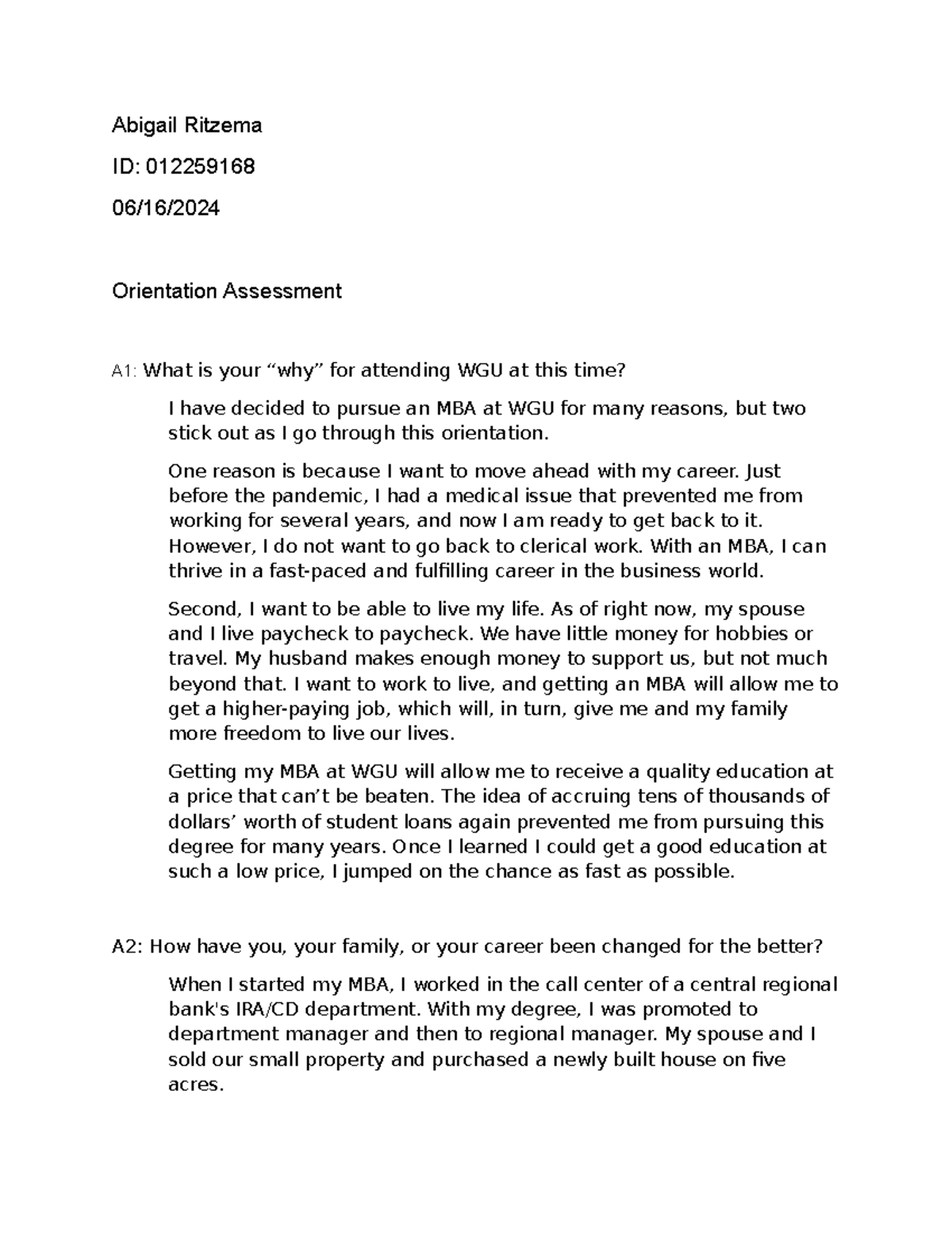 Orientation Assessment Paper that has passed. - Abigail Ritzema ID ...