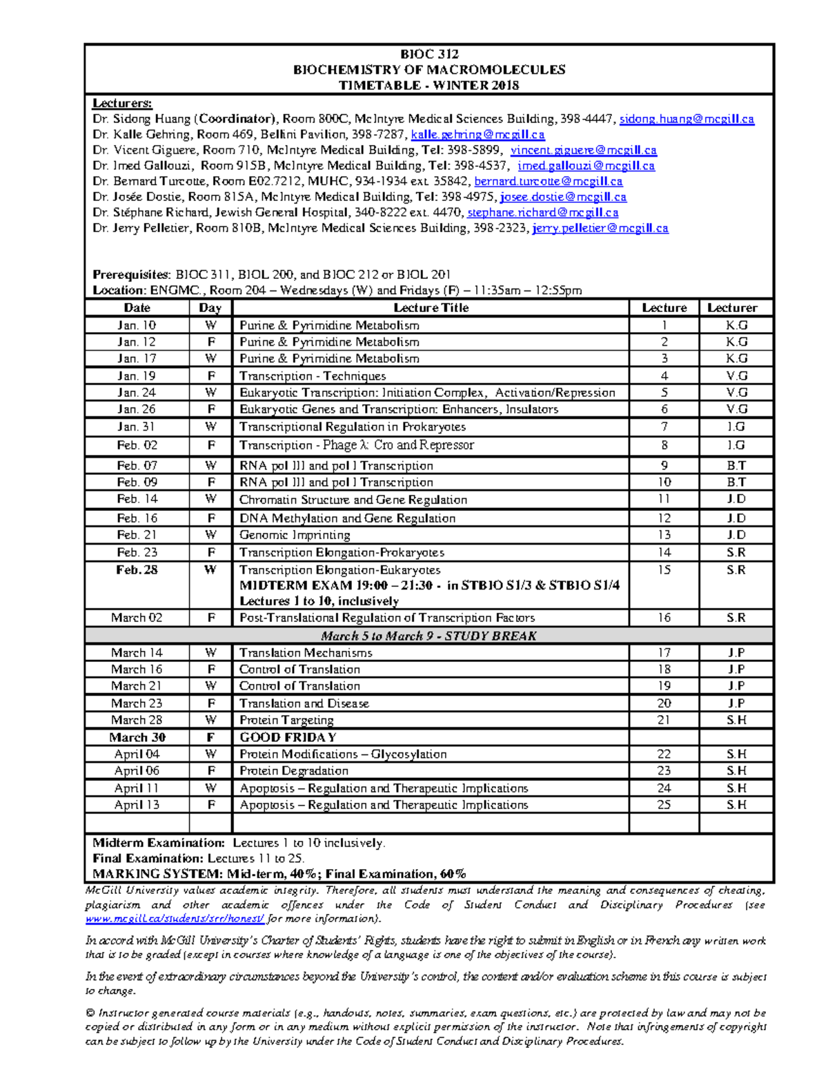 BIOC 312 Syllabus - Timetable Schedule - McGill Univer sity va lues a ...