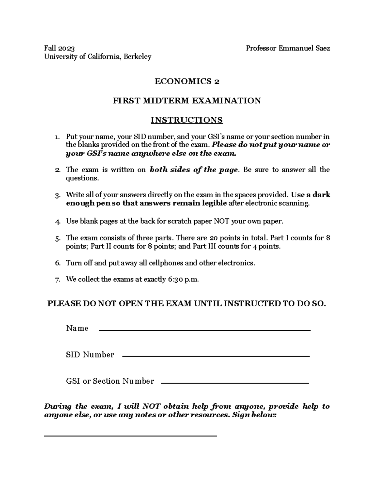 Midterm 1F2023 - Fall 2023 Professor Emmanuel Saez University of ...