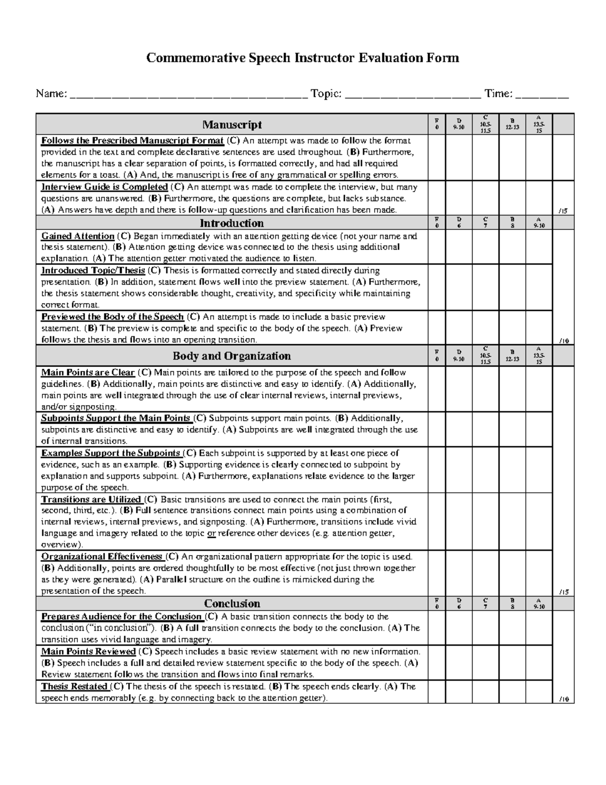 Commemorative Speech Instructor Evaluation Form - B 12- A 13- 15 ...