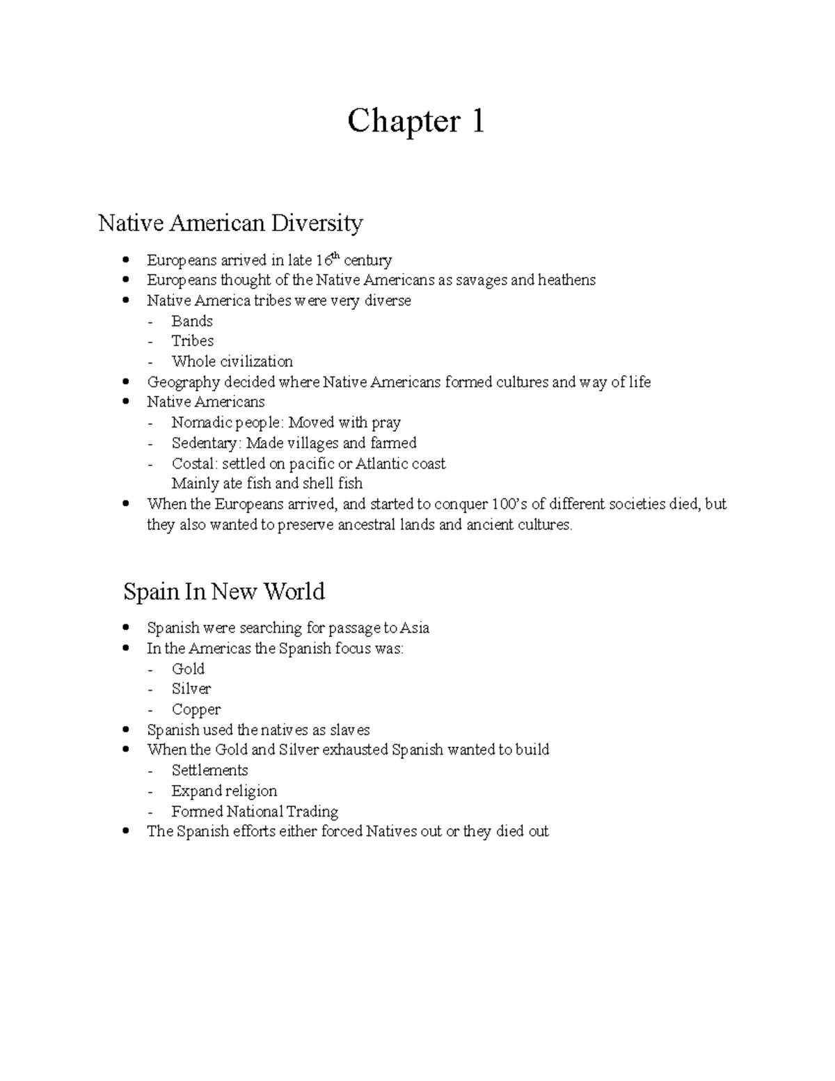 Chapter 1 notes history - Chapter 1 Native American Diversity Europeans ...