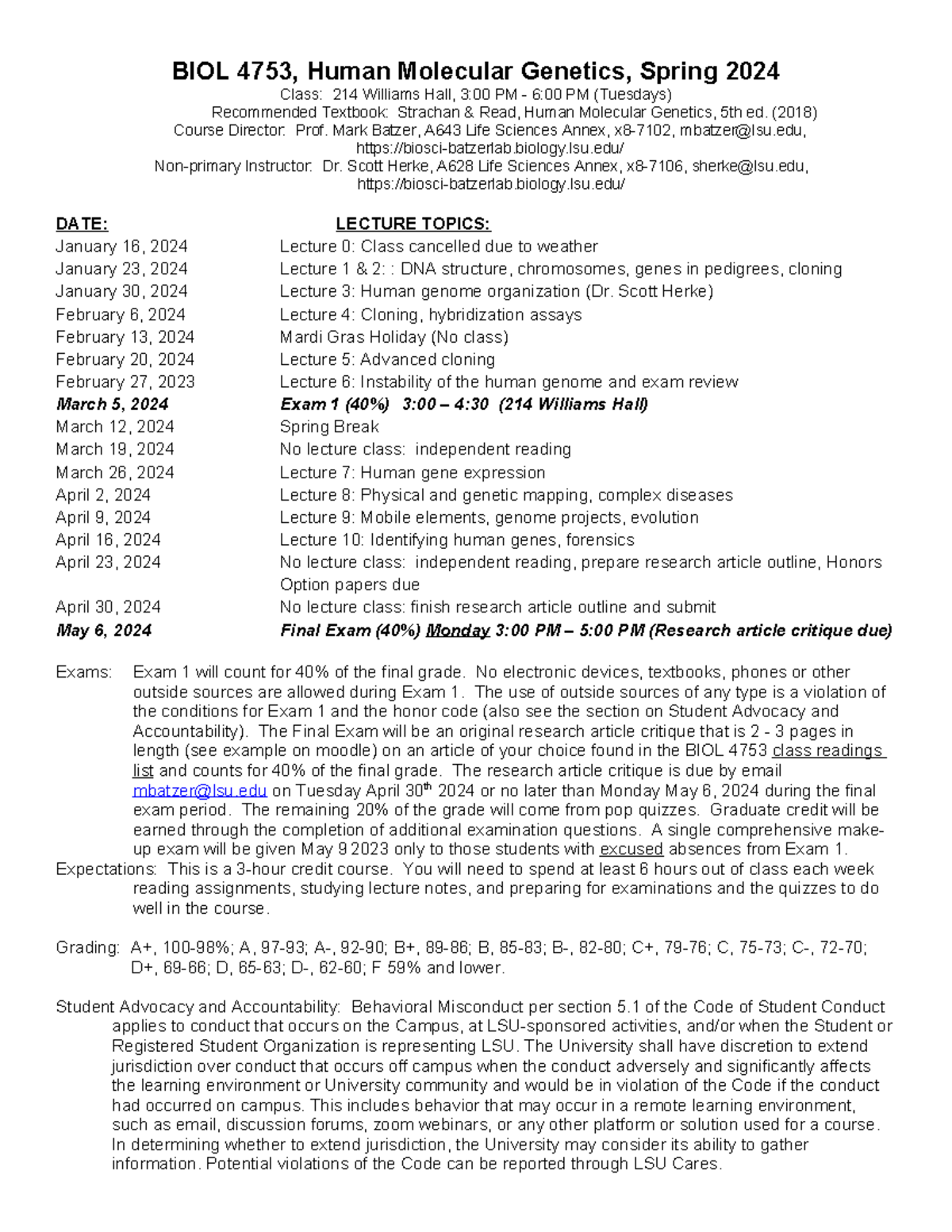 BIOL 4753 Hum Mol Genet Syllabus 2024 4-16-24 - BIOL 4753, Human ...