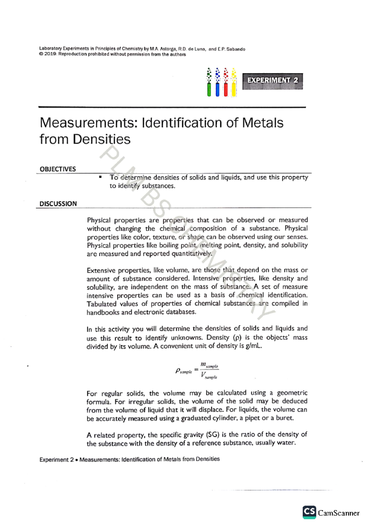 Lab Experiment 2 - Measurements Identification of Metals from Densities ...