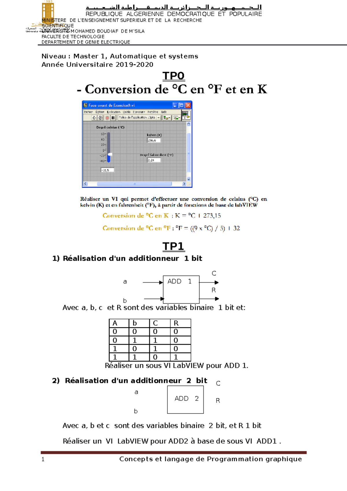 TP1 - TP0 Automatique et systems - ADD 1 C b a R الــجــمـــهــوريــة ...