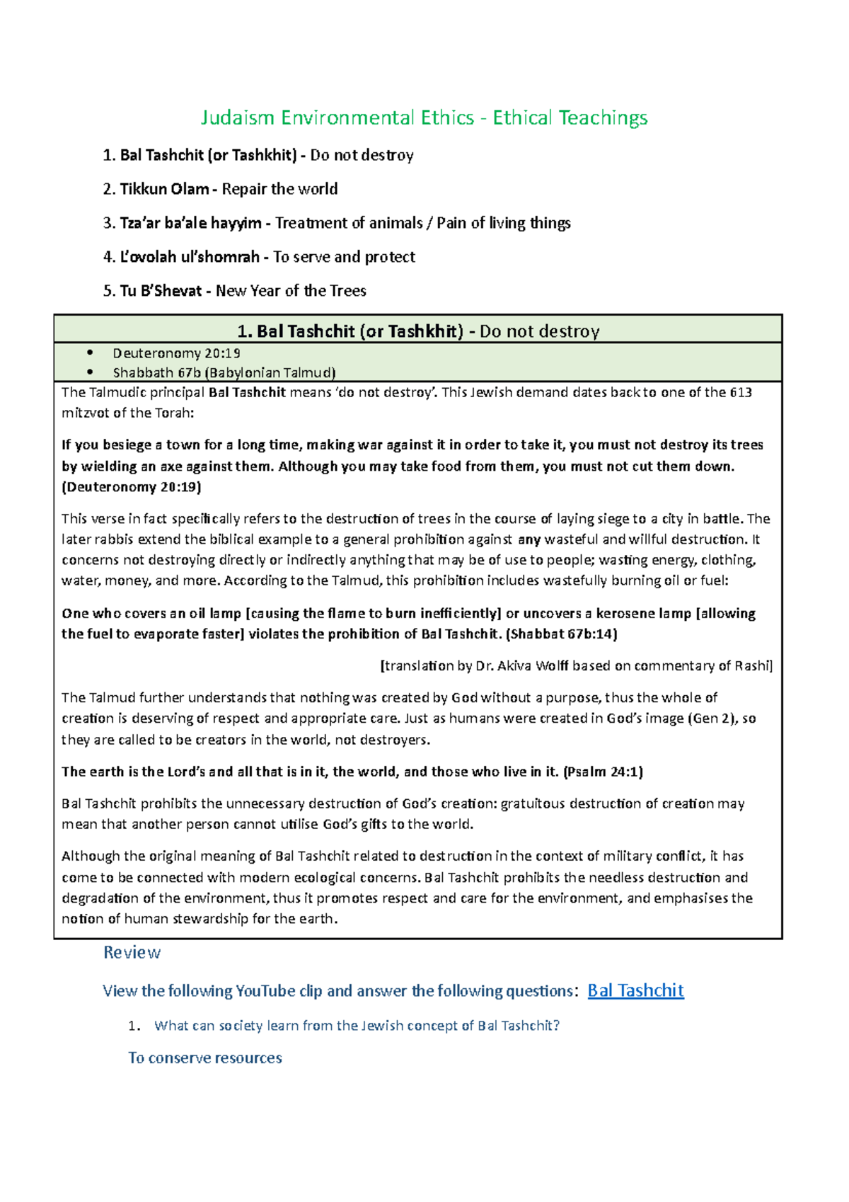 Bal Tashchit Updated - notes - Judaism Environmental Ethics - Ethical ...