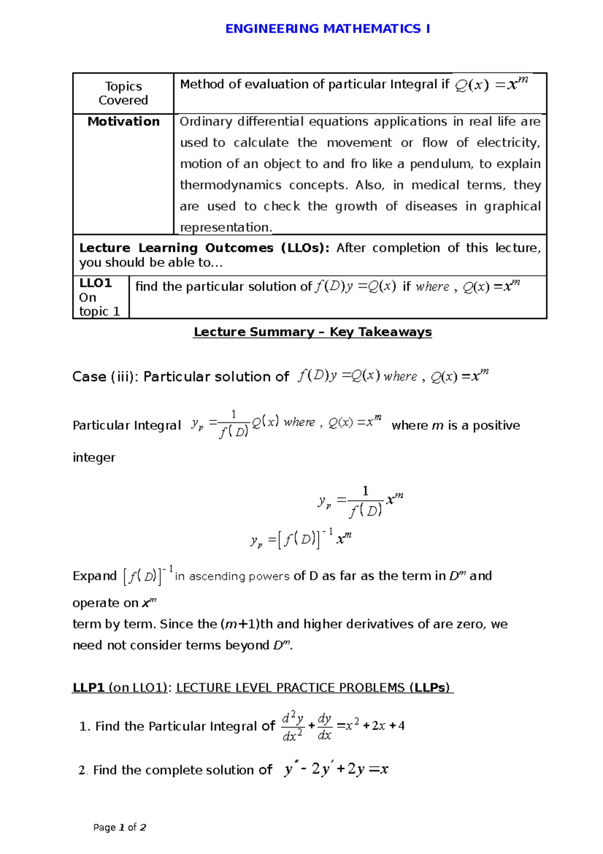 Methods of evaluation of particular Integrals-x^m - ENGINEERING ...