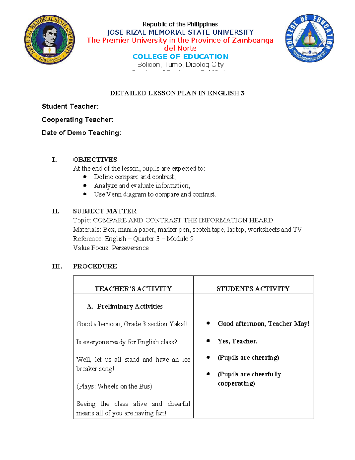 1. Detailed Lesson PLAN IN English 3 - DETAILED LESSON PLAN IN ENGLISH ...