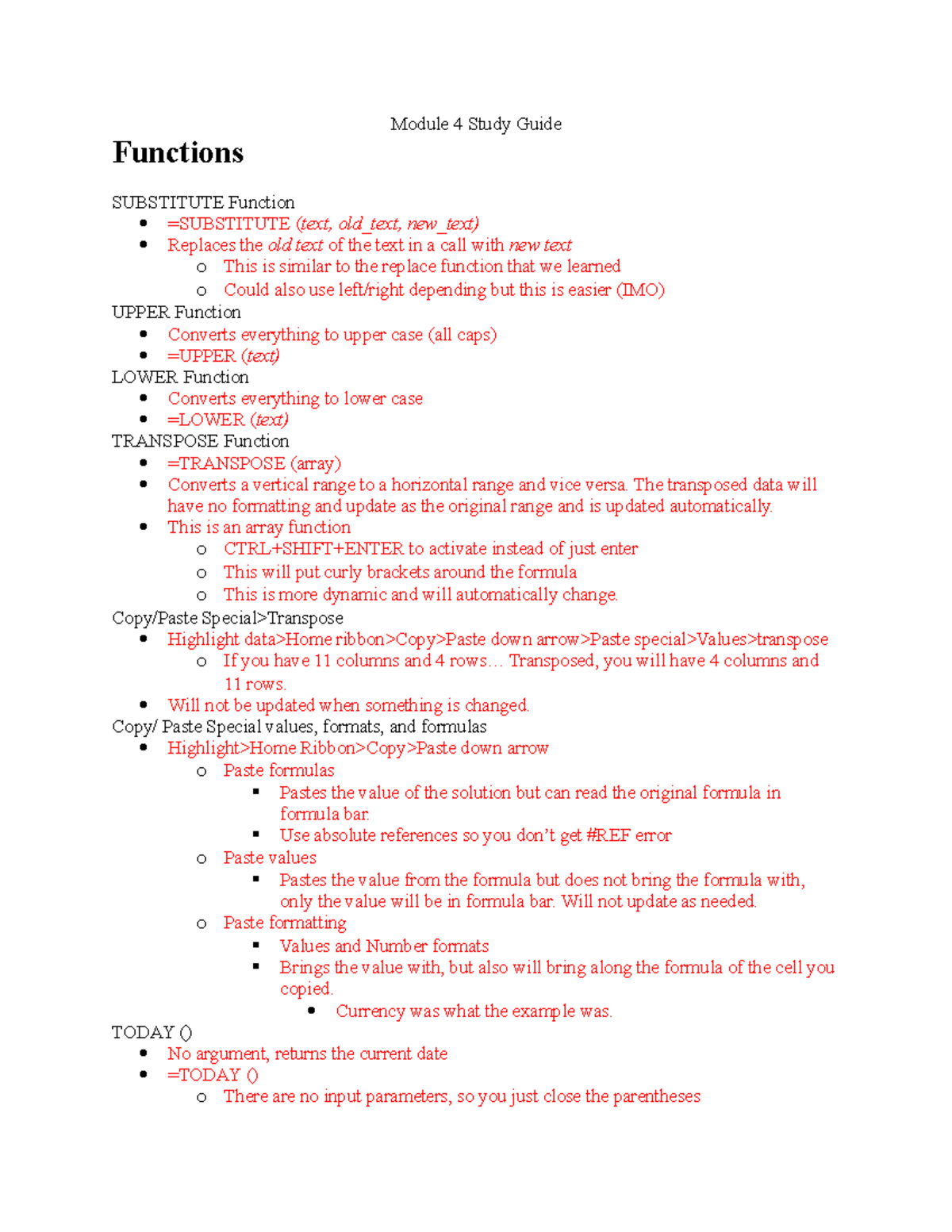 Module 4 Study Guide copy - Module 4 Study Guide Functions SUBSTITUTE ...