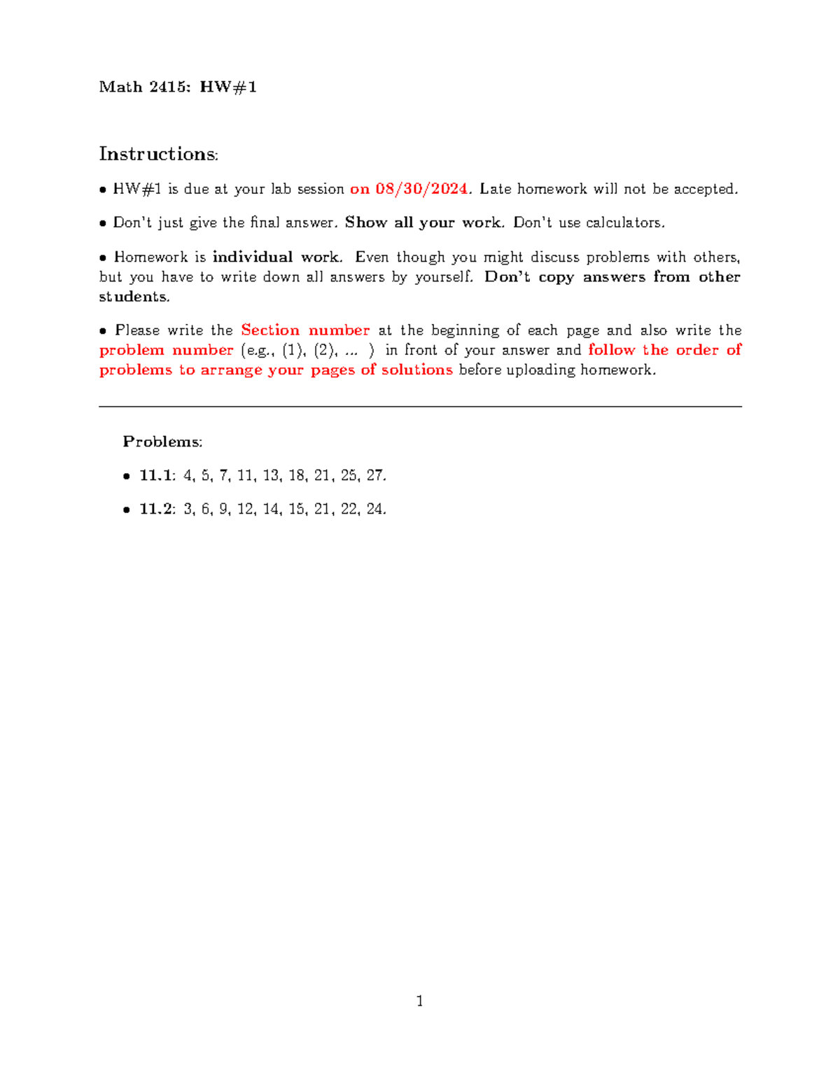 CALC 2415 Homework 1 - Hw 1 - Math 2415: HW# Instructions: HW#1 is due ...