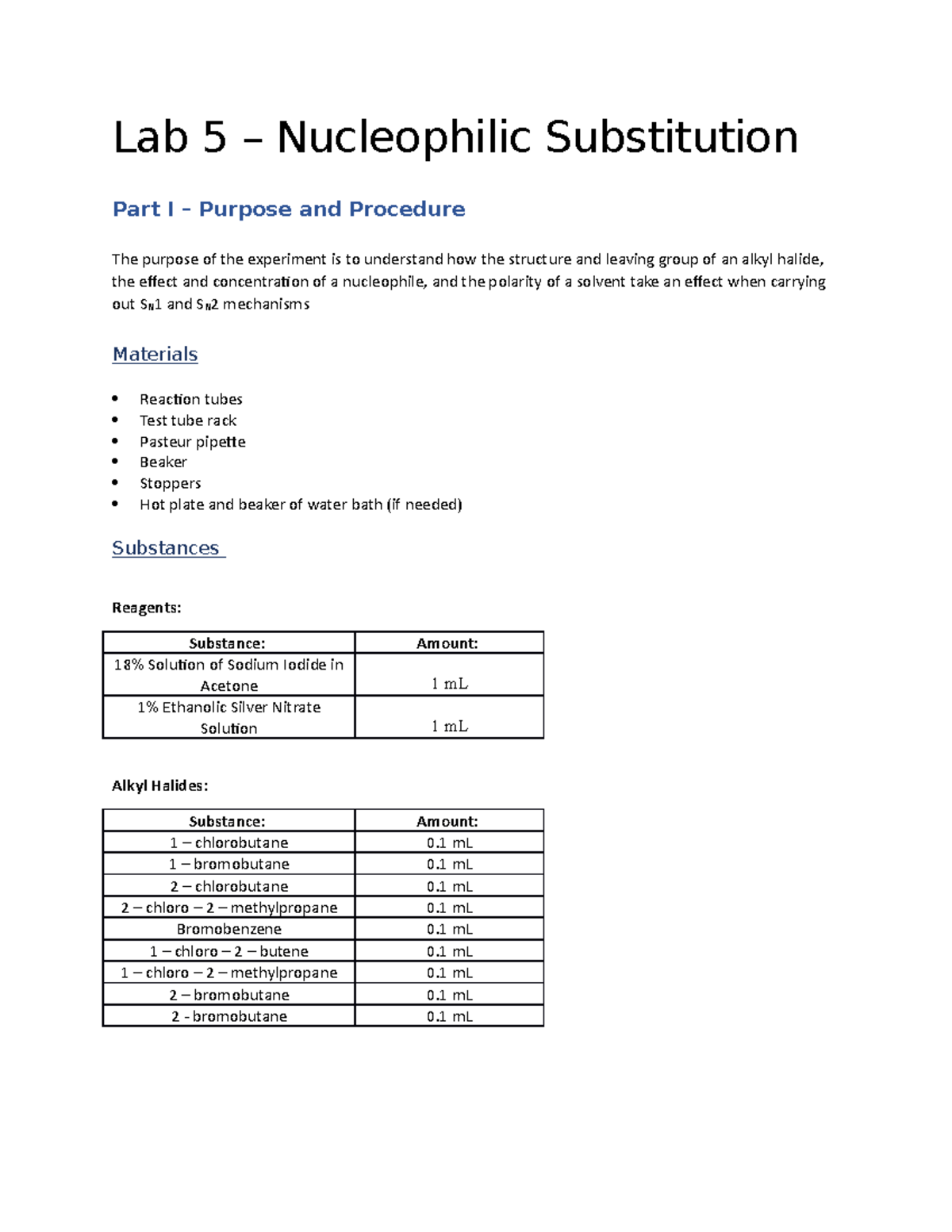Organic Chemistry I - Nucleophilic Substitution Lab - Lab 5 ...