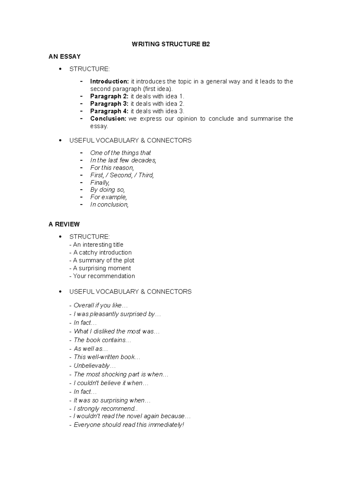 Writing Structure B2 - Apuntes - WRITING STRUCTURE B AN ESSAY STRUCTURE ...