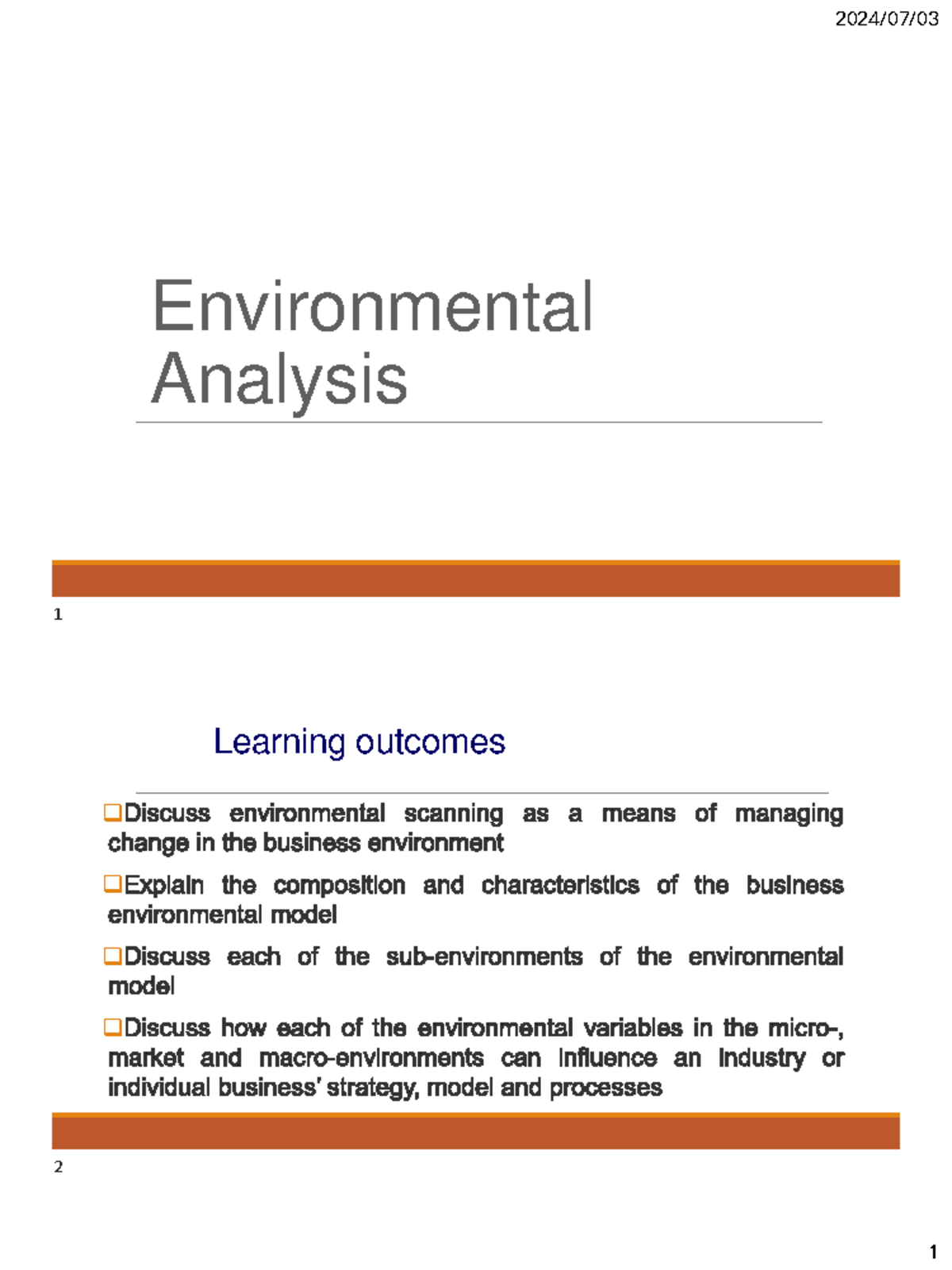 Environmental Analysis - Environmental Analysis Learning outcomes 1 2 ...