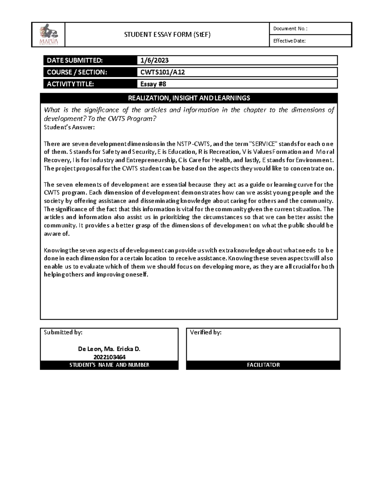 CWTS Essay#8 Mapua - STUDENT ESSAY FORM (StEF) Document No.: Effective ...