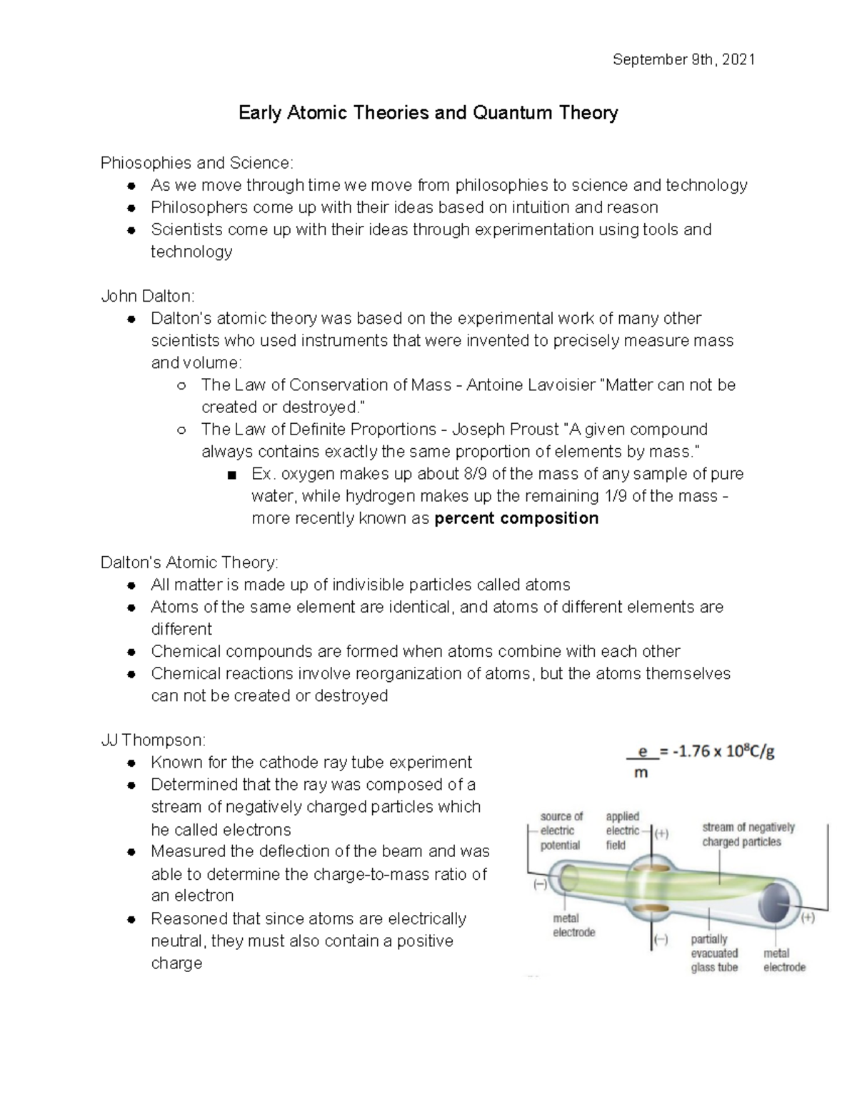 SCH4UA Early Atomic Theories and Quantum Theory - September 9th, 2021 Early Atomic Theories and ...