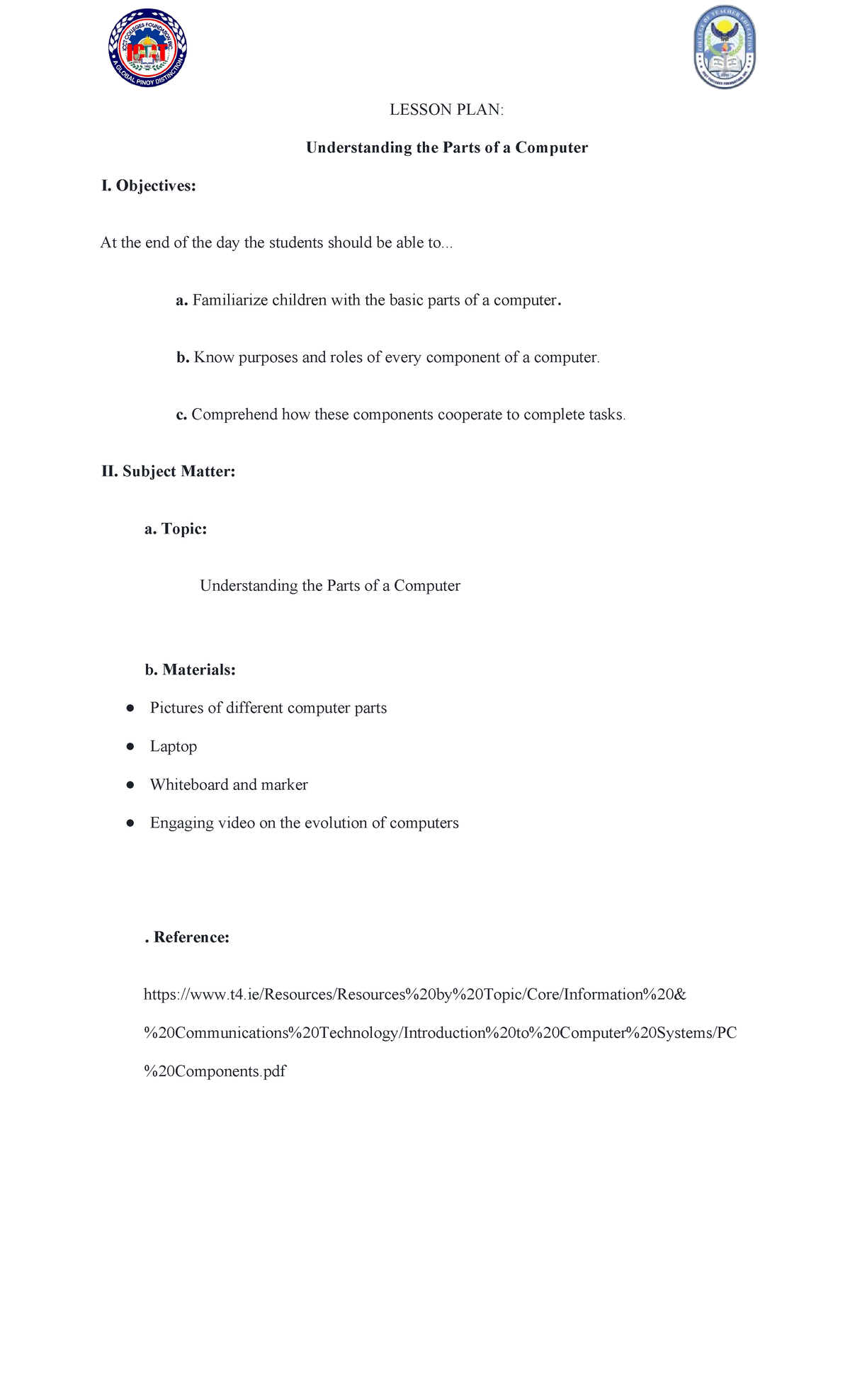 Lesson plan 1 - LESSON PLAN: Understanding the Parts of a Computer I ...