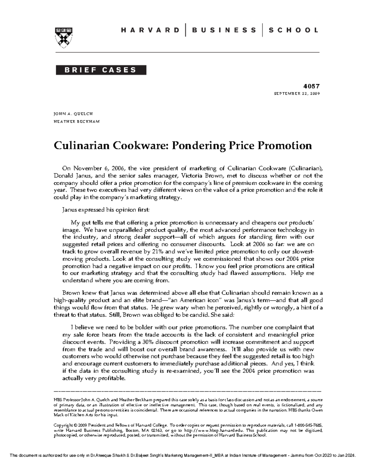 Culinarian Cookware unlocked - HBS Professor John A. Quelch and Heather ...