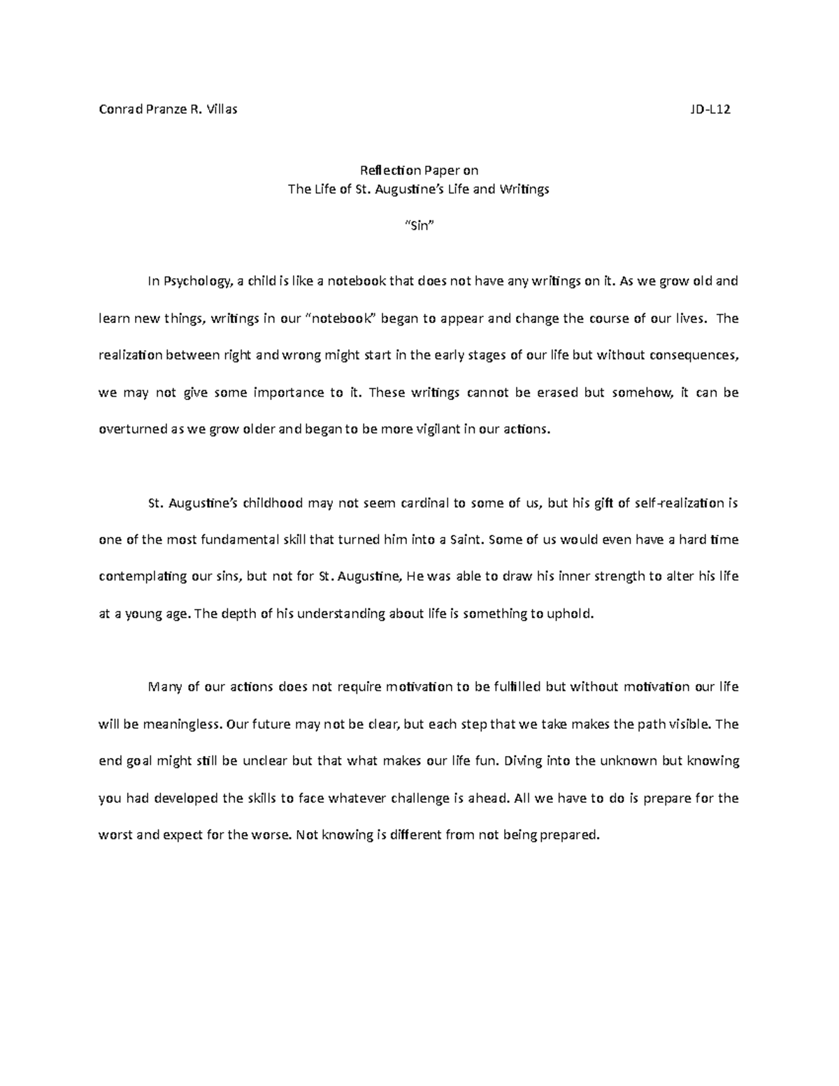 Reflection paper - Conrad Pranze R. Villas JD-L The Life of St. Augustine’s Life and - Studocu