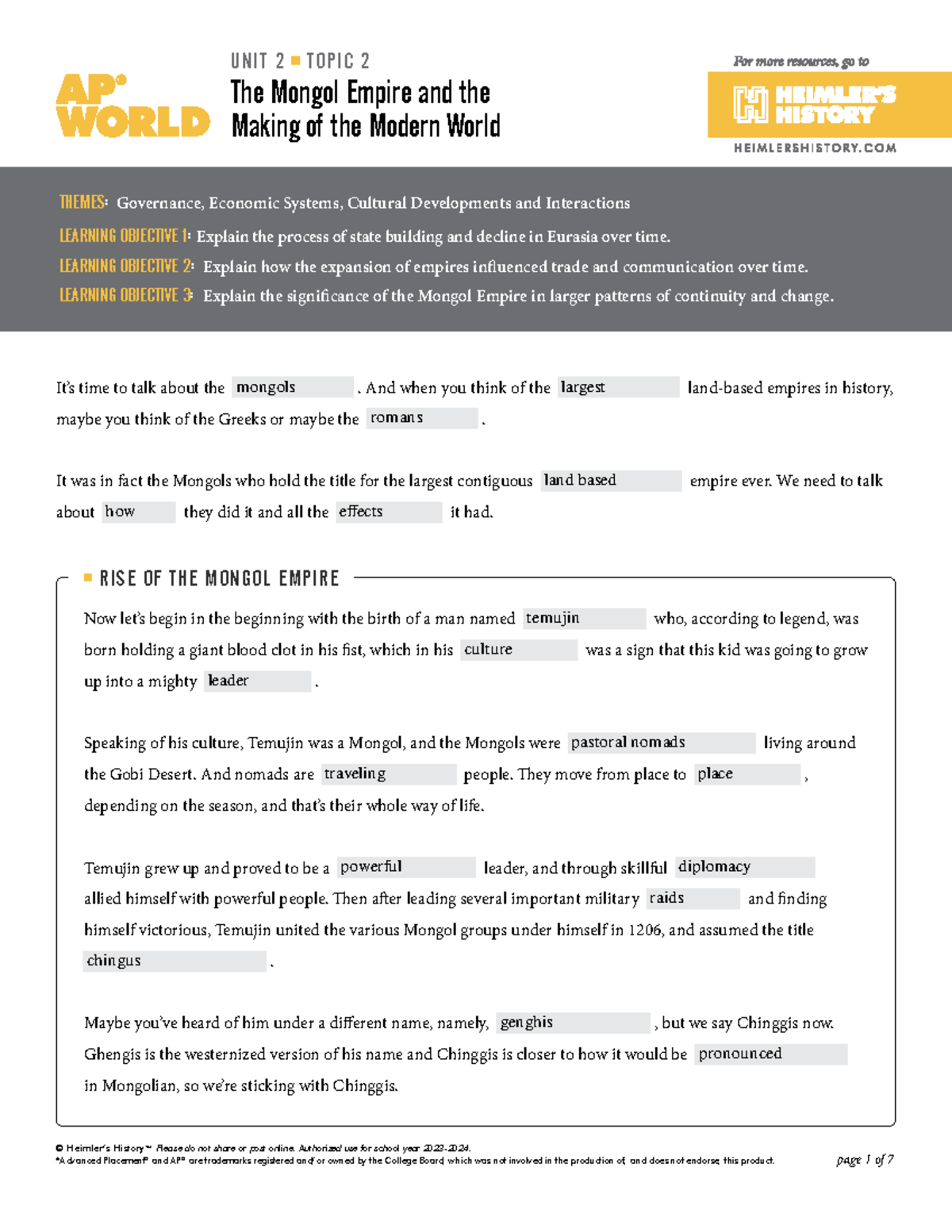 AP World Unit 2 Topic 2 Noteguide - The Mongol Empire and the Making of ...