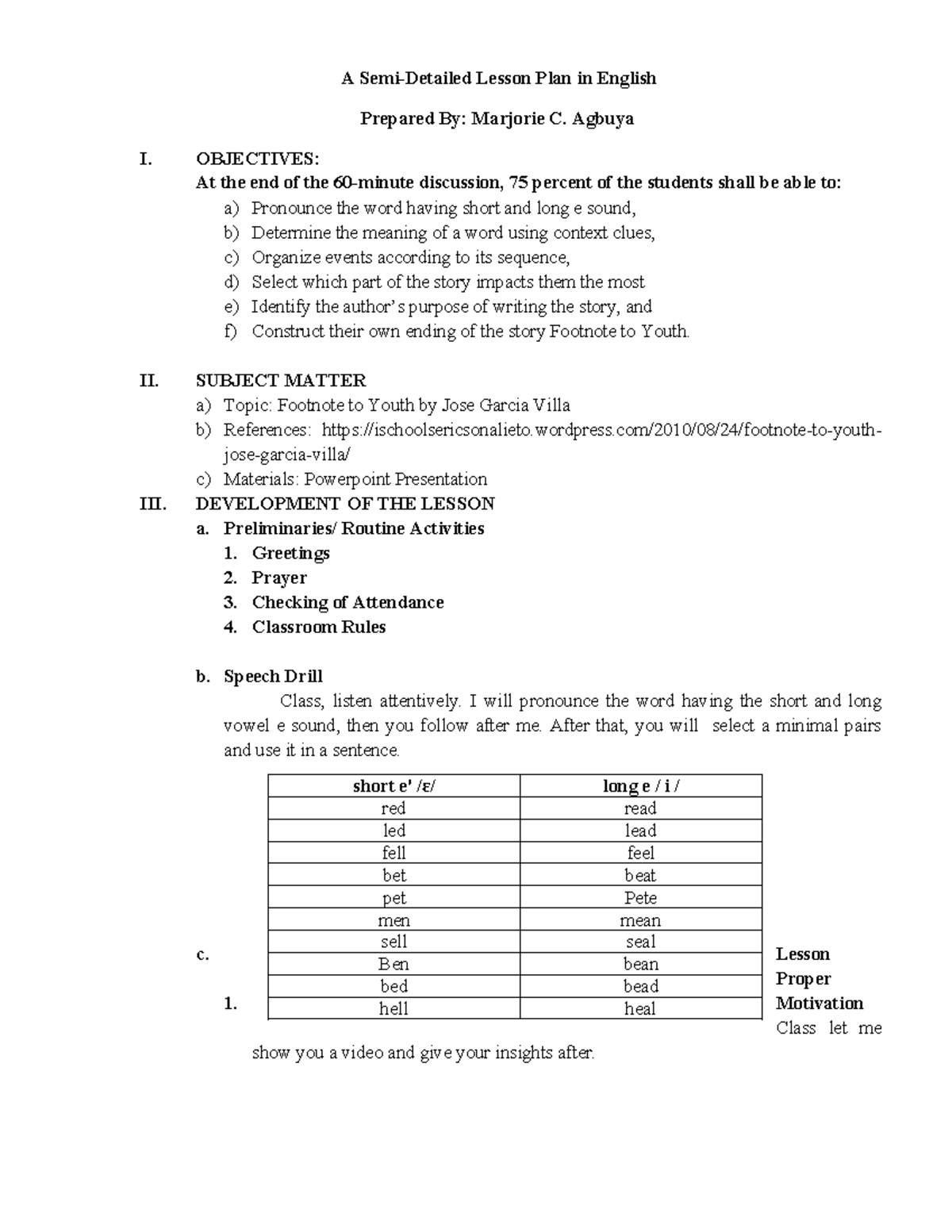 Short Story Footnote to Youth - LP - A Semi-Detailed Lesson Plan in ...