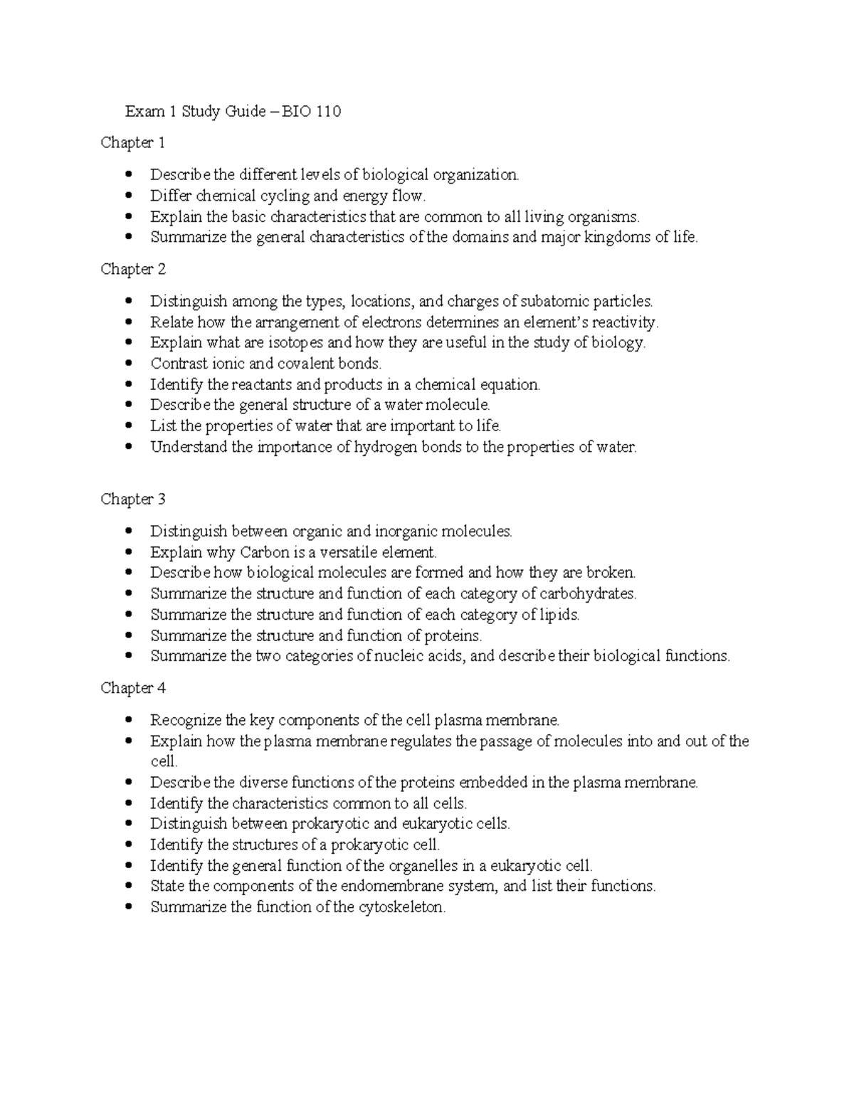 Exam 1 Study Guide BIO 110(1) (1) - Exam 1 Study Guide – BIO 110 ...