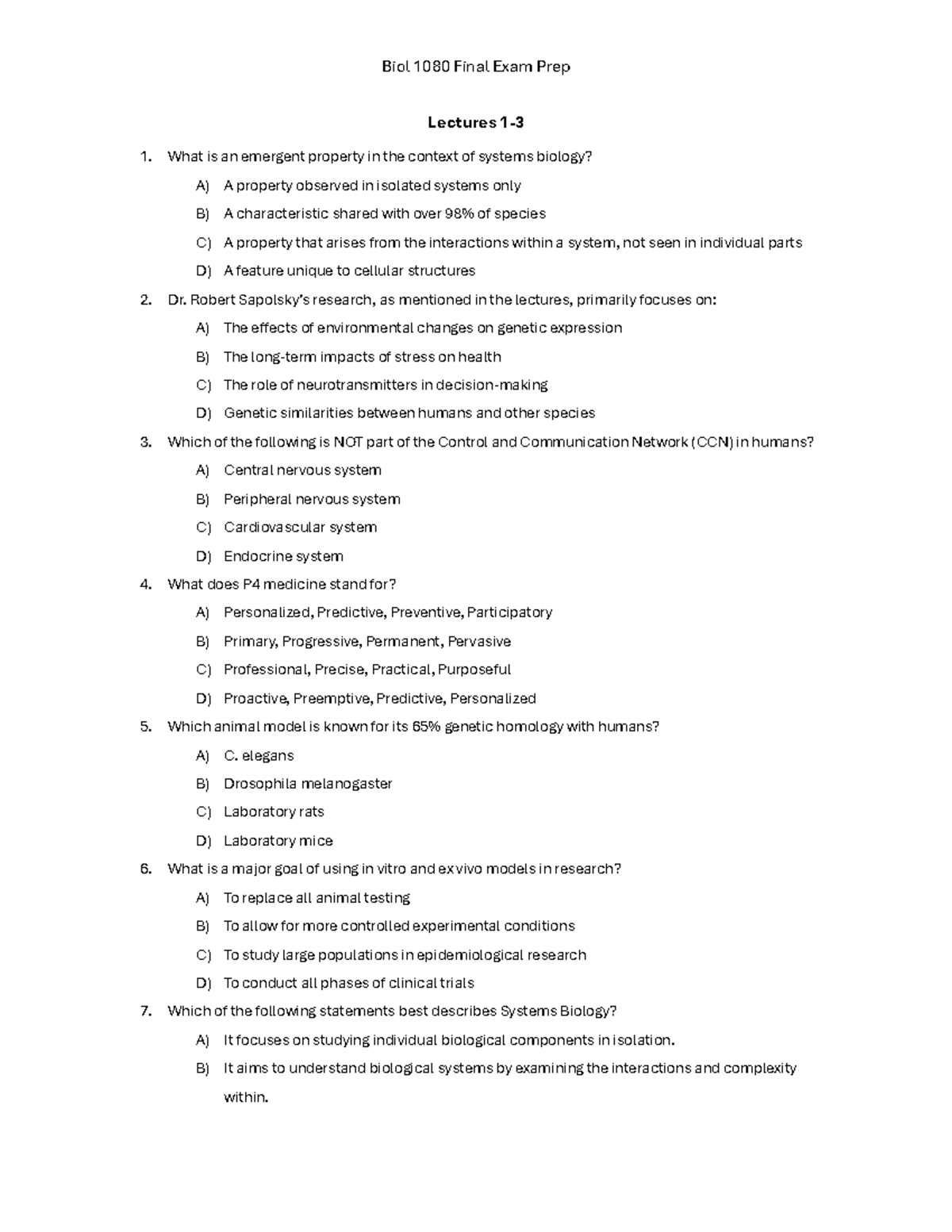 Sample final exam prep - Lectures 1- 3 What is an emergent property in ...