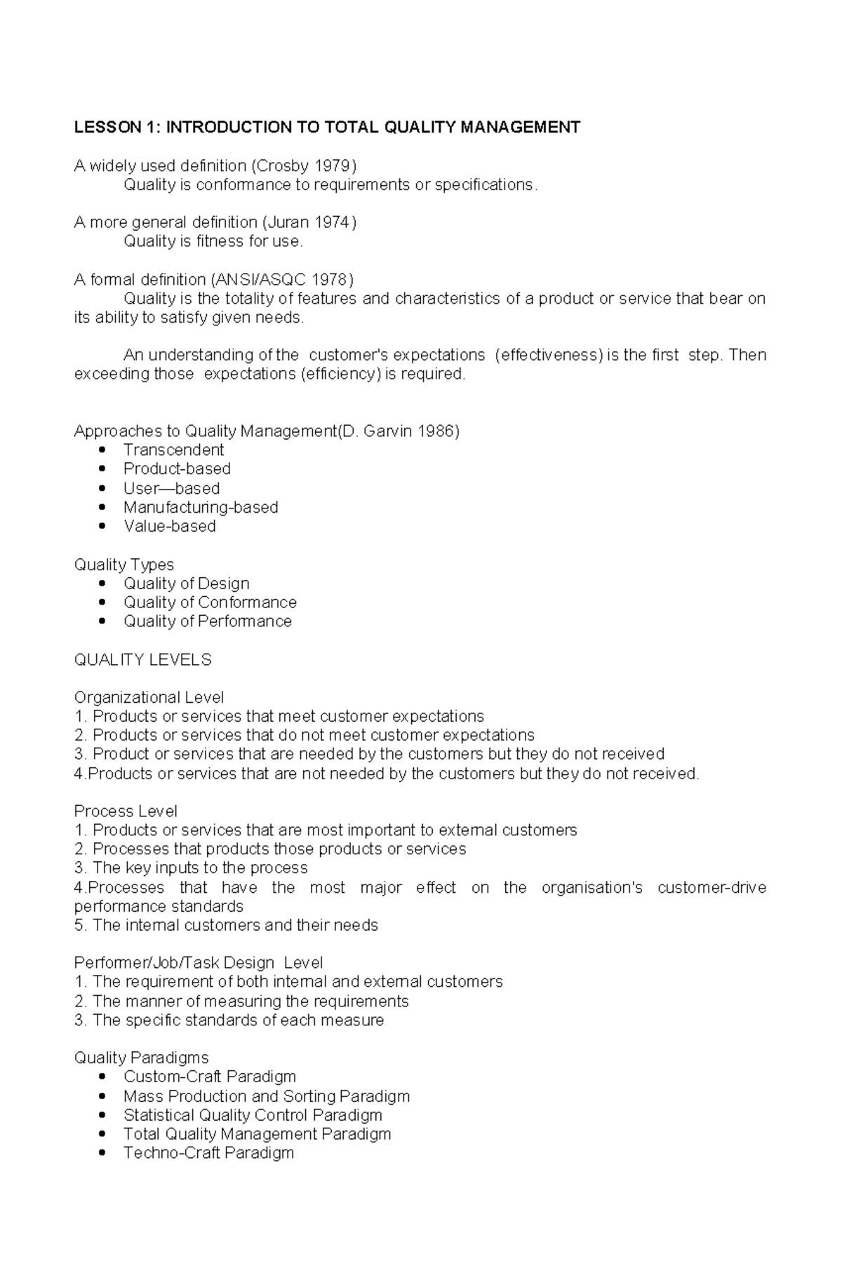 Introduction to TQM - LESSON 1: INTRODUCTION TO TOTAL QUALITY ...