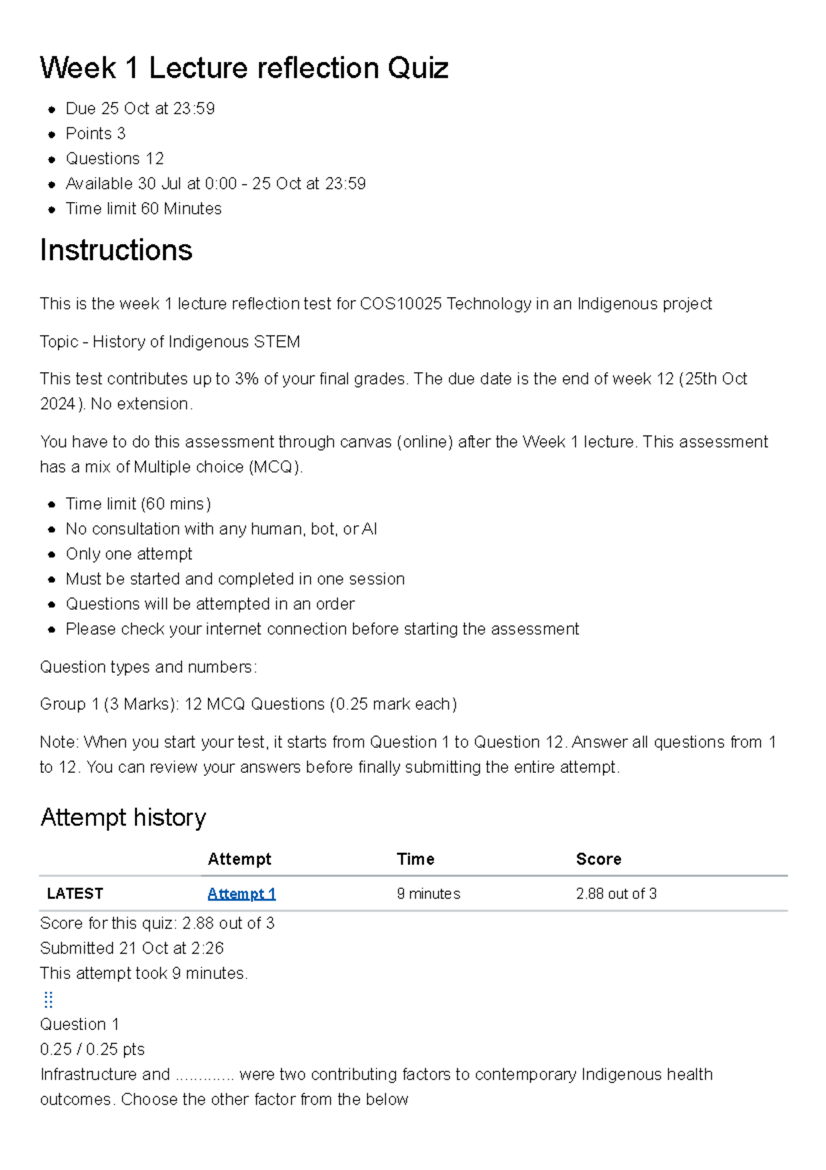 Quizz 1 - Week 1 Lecture reflection Quiz Due 25 Oct at 23: Points 3 ...