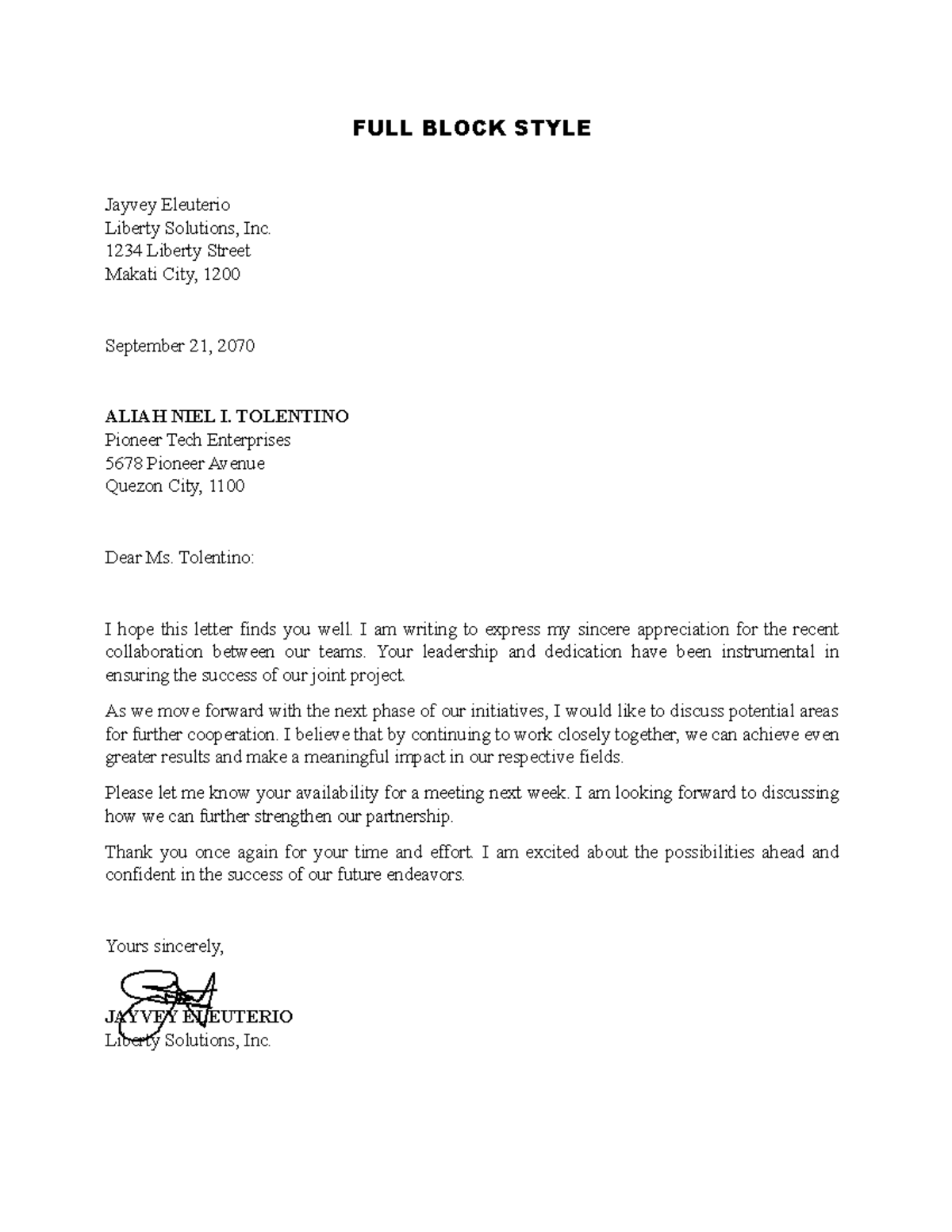 Business Letter Styles (Samples) - FULL BLOCK STYLE Jayvey Eleuterio ...