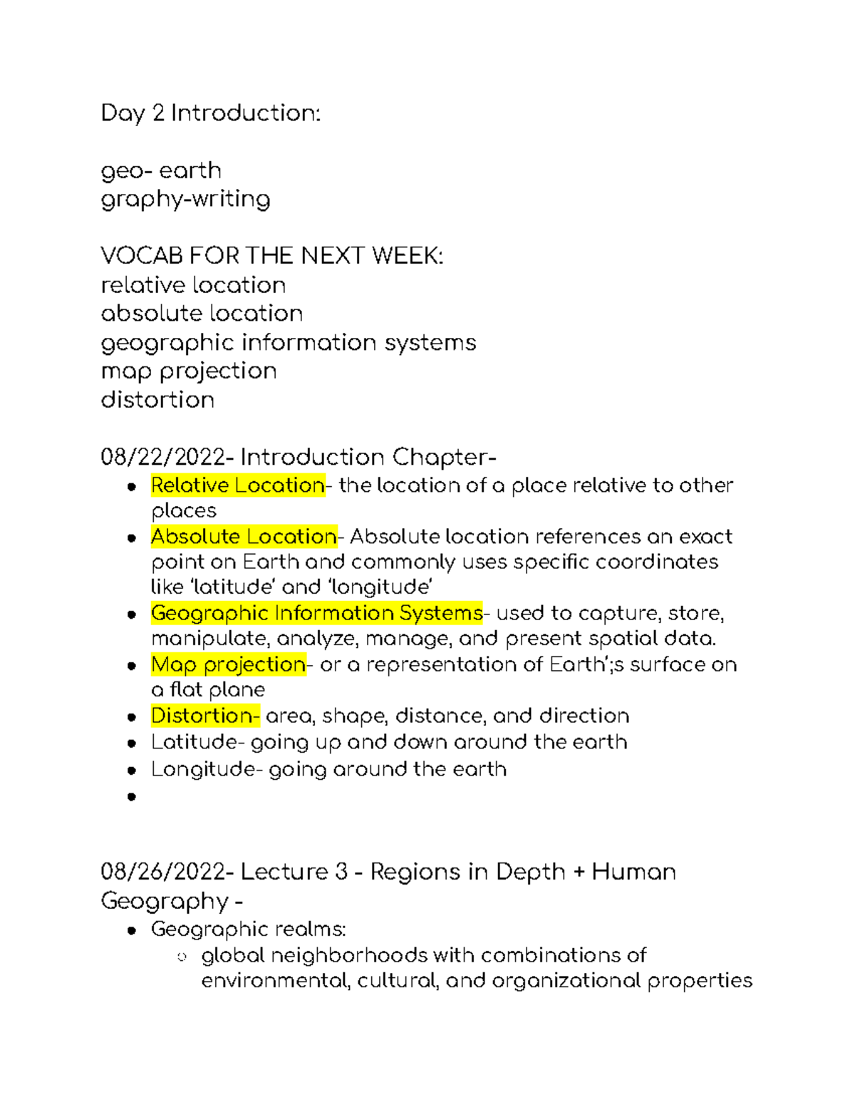 Geography Notes (whole semester) - Day 2 Introduction: geo- earth ...